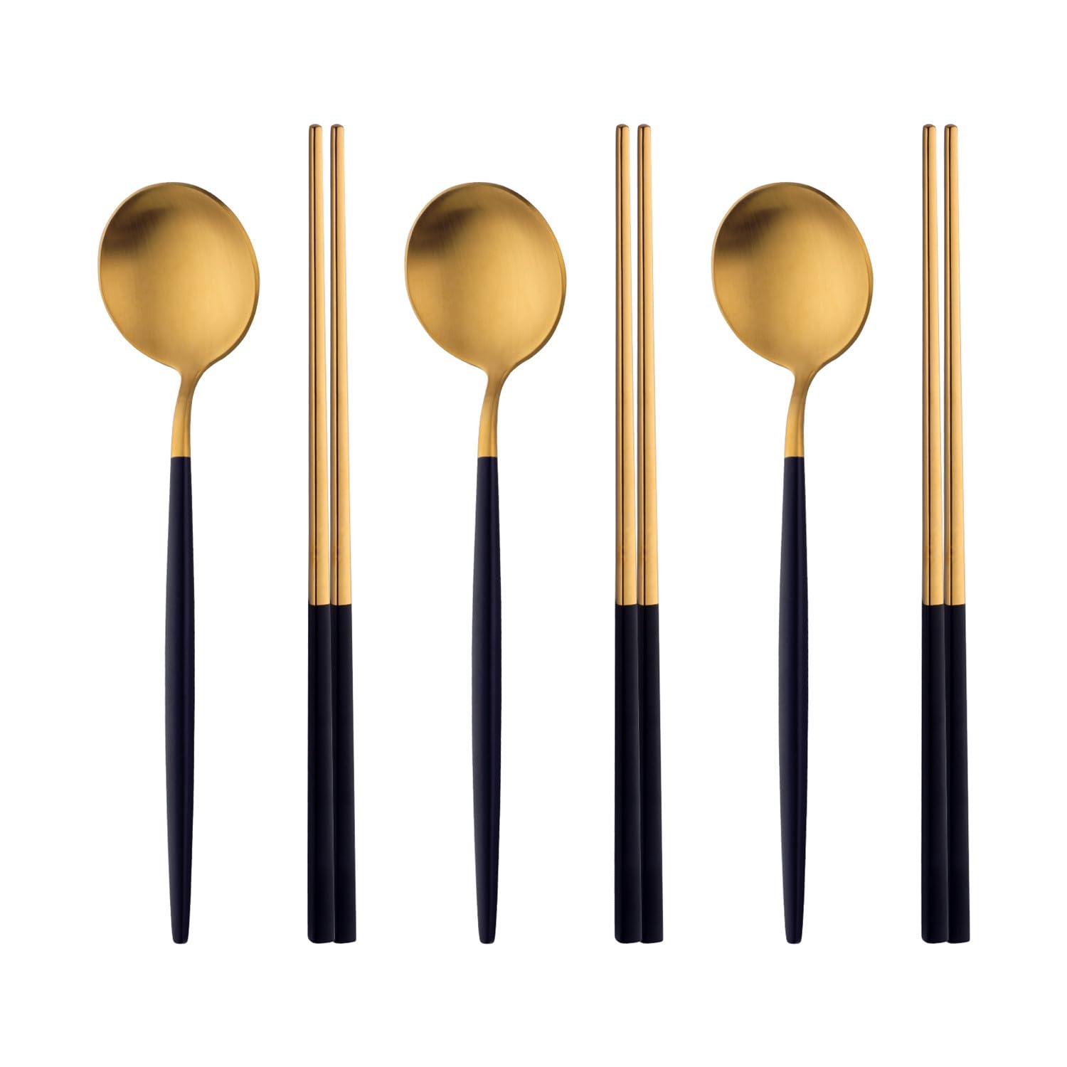 QOBIMOON Reusable Chopstick and Spoon Set,Stainless Steel Korean Spoons Chopsticks,Metal Chopsticks Spoons Set of 3 Dinnerware For Home or Restaurant,Black Gold