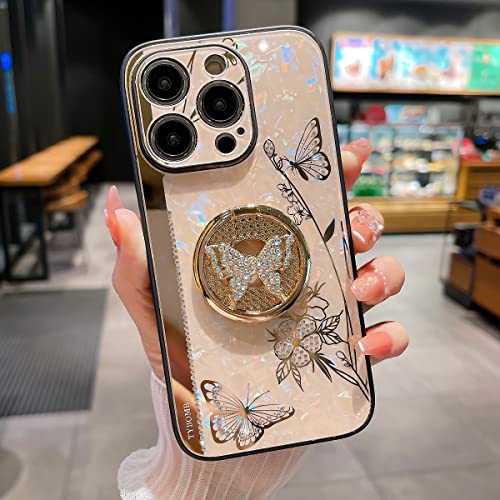 Topwin iPhone 14 Pro 6.1'' Kickstand Case, Cute 3D Butterfly Bling Glitter Marble Elegant Rhinestone Diamond Hard Back Soft TPU Bumper Cover for Girls for Apple iPhone 14 Pro 6.1 2022 (Rose Gold)