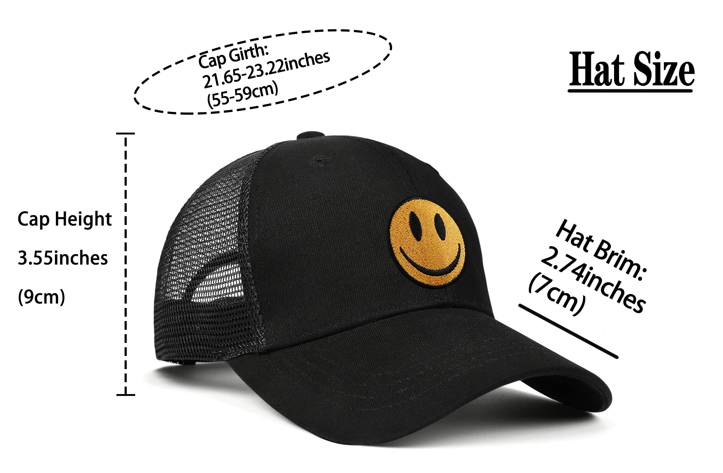Koesnbre Smile Face Embroidered Black Mesh Trucker Hat for Men and Women, Adjustable Snap Backs Baseball Caps