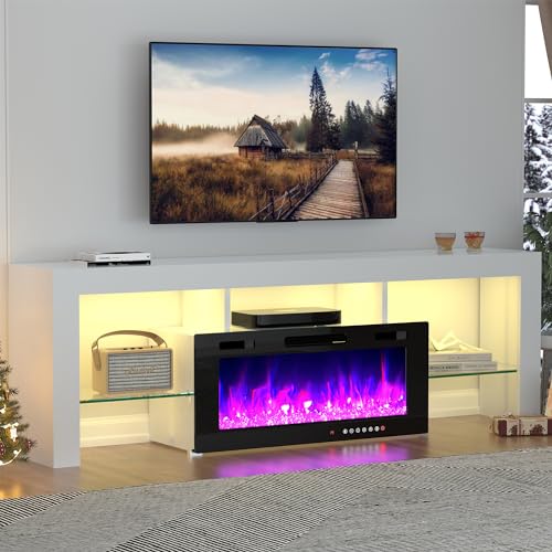 MU Modern 70" TV Fireplace Stand with 12-Color LED Lights & 12-Color Flame, High Gloss Floating Fireplace Entertainment Center with 36" Electric Fireplace (White, 70" TV Stand)