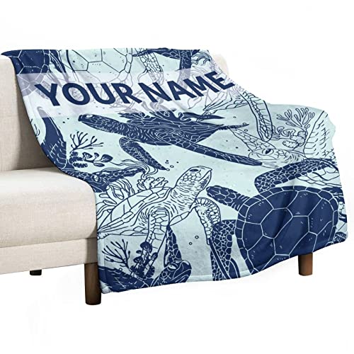 Personalized Sea Turtle Blanket with Name - Soft, Fuzzy & Warm - 40"x50" Small Blanket for Couch, Sofa - Blue Cute Throw Gifts for Adults, Kids