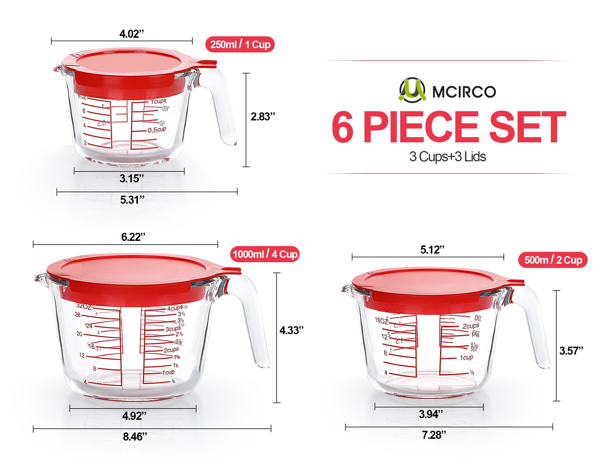 M MCIRCO 6 Pcs Glass Measuring Cups with Lids Set, 1-Cup, 2-Cup, 4-Cup Measuring Jugs with Handle, Nesting Liquid Measuring Cups for Kitchen