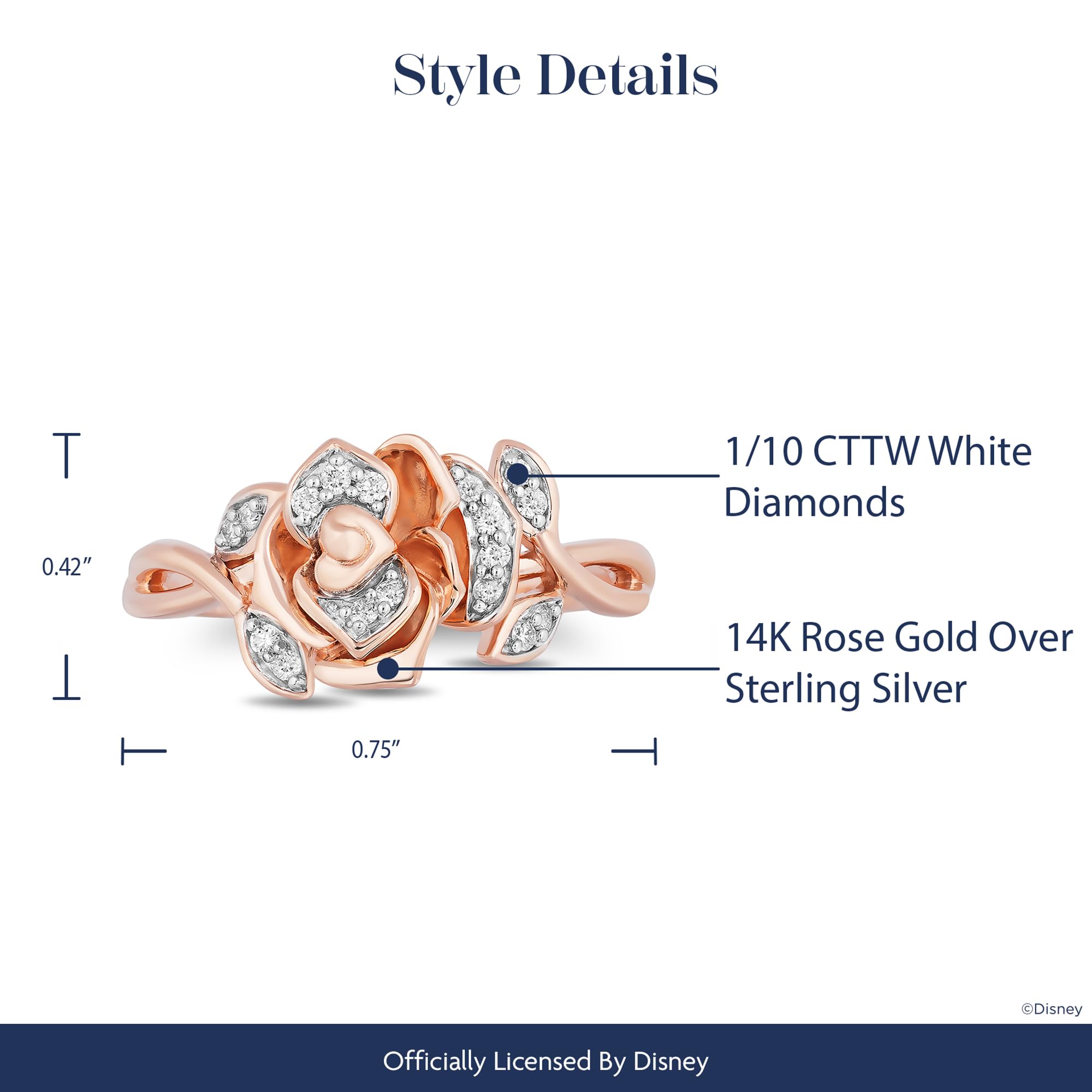 Jewelili Enchanted Disney Fine Jewelry 14K Rose Gold Over Sterling Silver 1/10 Cttw White Round Diamond Belle Rose Ring Size 9