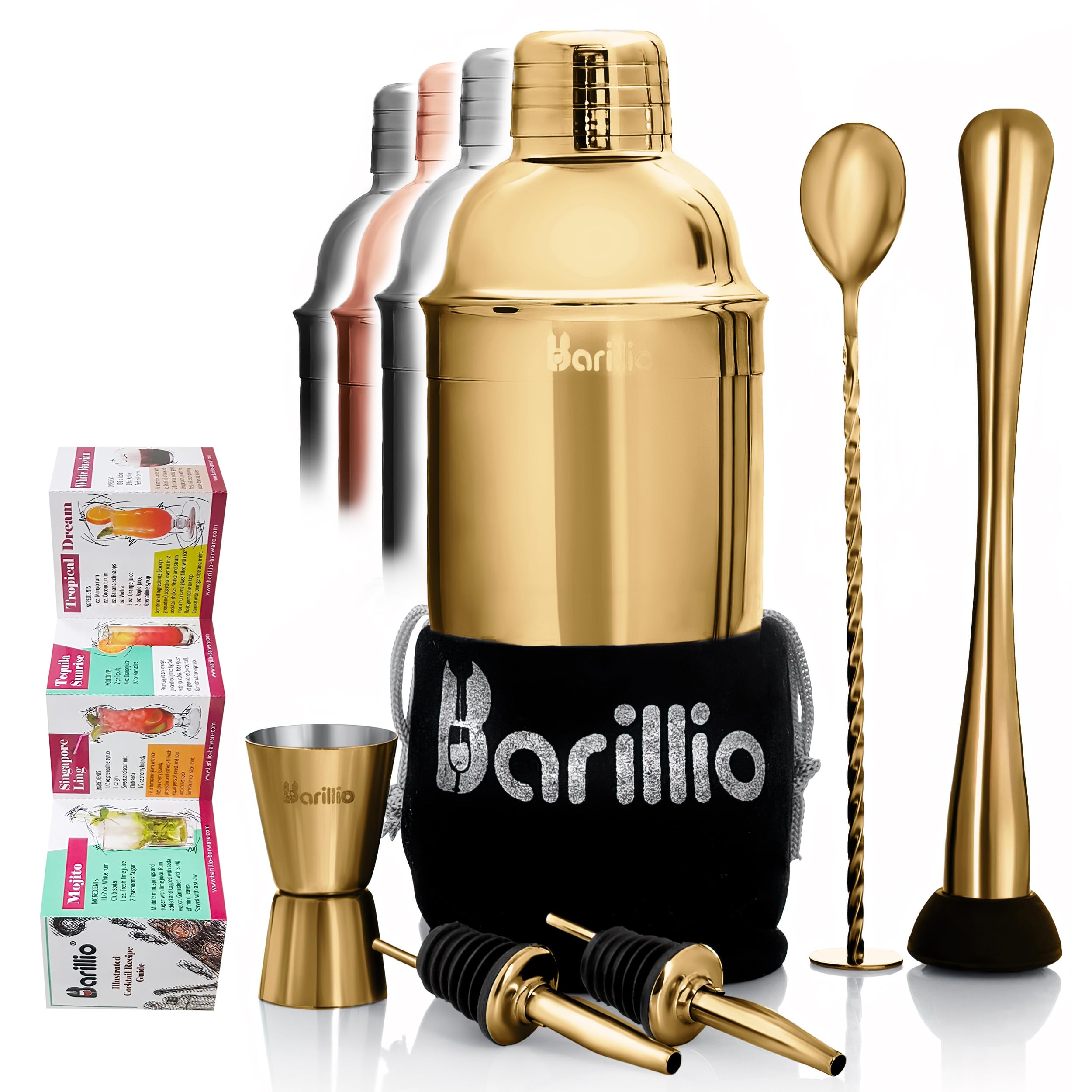 Gold Cocktail Shaker Set Bartender Kit by BARILLIO: 24 oz Stainless Steel Martini Mixer, Muddler, Mixing Spoon, Jigger, 2 Liquor pourers, Velvet Bag, Recipes Booklet & eBookâŠ