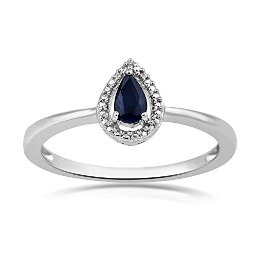Jewelili Sterling Silver 5X3 MM Pear Cut Genuine Blue Sapphire and Natural White Round Diamond Accent Teardrop Engagement Ring, Size 6