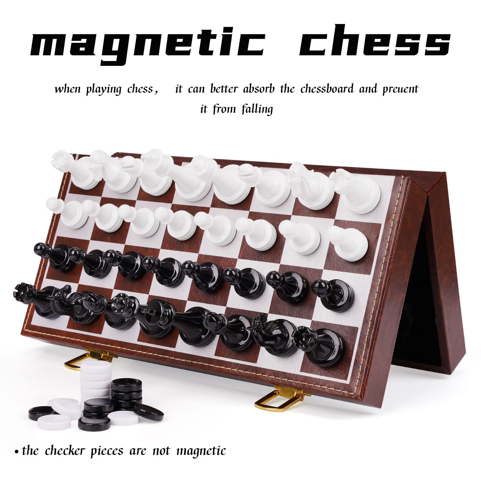 Magnetic Chess Set Checkers Game Set for Adults Kids (2 in 1) -12" Magnetic Chess Pieces & Portable Folding Leather Chess Board Travel Chess Sets Board Game – 24 Cherkers Pieces with Storage Box