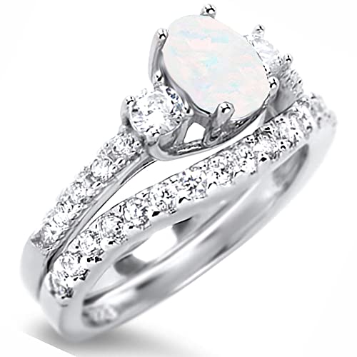 LaRaso & Co His Hers Sterling Silver TRIO Wedding Set White Topaz Opal Gemstone Bridal Rings Him Her 9/5