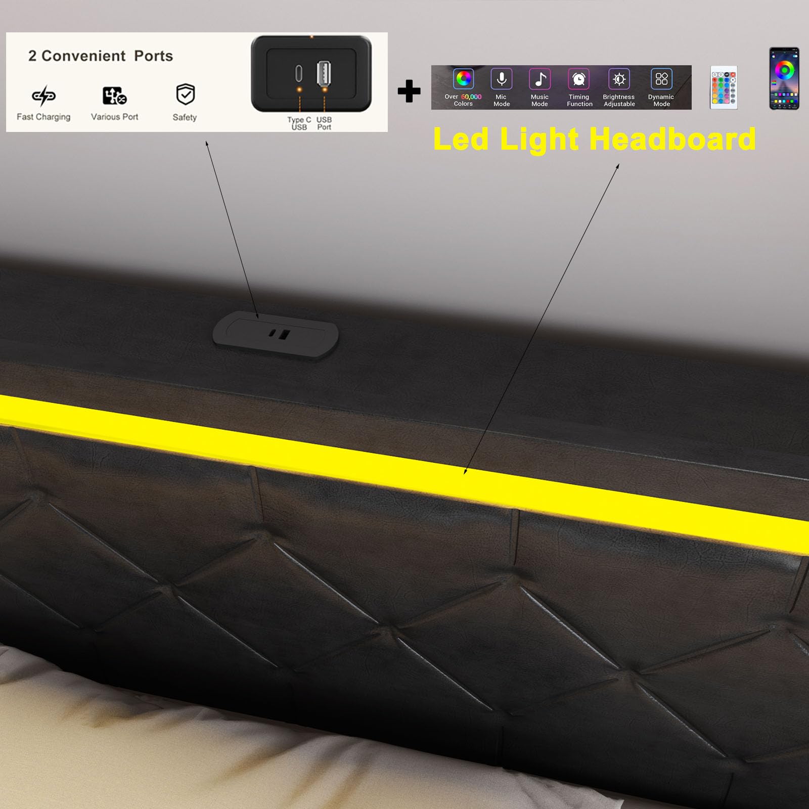 SAVOLIFE Queen Size Lift Up Storage Bed Frame with Led Light Headboard, PU Upholstered Queen Platform Bed Frame with Charging Station, Black