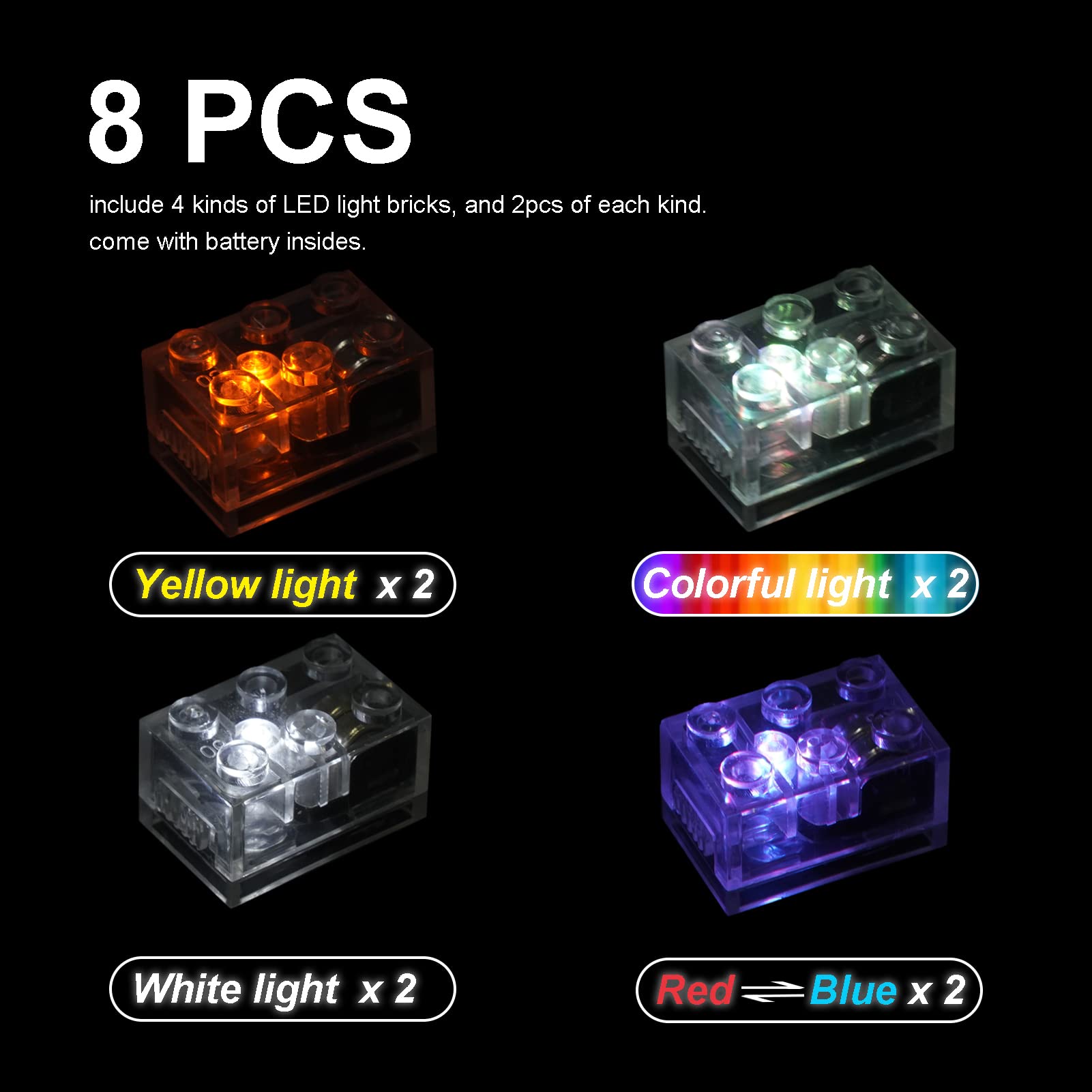 Pamvava LED Light Up Bricks Accessories, 2x3 Classic Light Kits Brick Pack, 8 Pieces Transparent Parts Building Blocks Set Toys