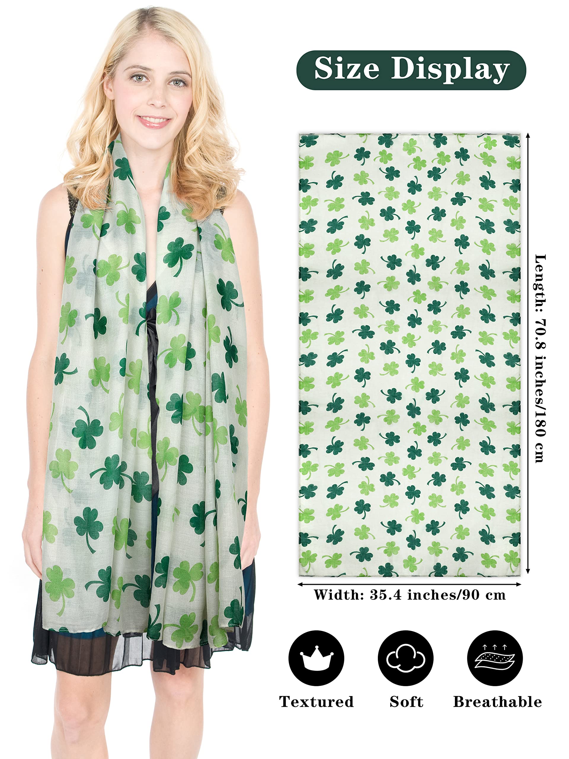 KUTTOR 2 Pack Women's St Patrick's Day Long Shamrock Scarf Irish Clover Silky Stripe Irish Theme Print Wrap Shawls for Women