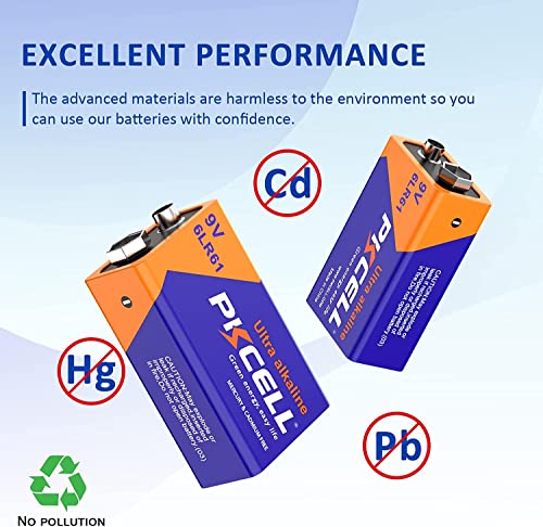 PILOCEL 9V Batteries, 9 Volt Alkaline Battery, Long-Lasting 9V Battery for Smoke Detector, 10-Year Shelf Life, 8 Pack