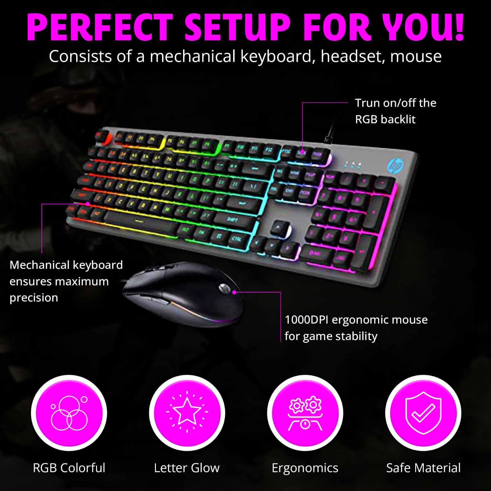 HP PC Gaming Keyboard and Mouse Combo, RGB Backlit Wired Gaming Mouse and Keyboard, Mouse pad,Gaming Headset, Gamer 4 in 1 Bundle for PC PS4 PS5 and Xbox