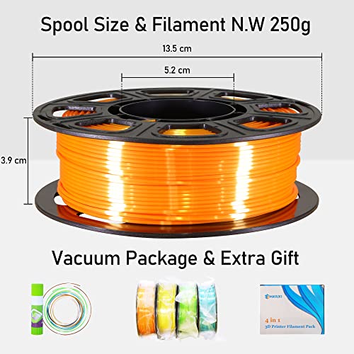 OEM MIKA3D 1.75mm Silk Shiny PLA 4 in 1 Bright Colors 3D Printer Filament Bundle Pack: Silk Yellow/Lime Green/Orange/Sky Blue, Each Spool 250g, 4 Spools Packed, Total 1Kg 3D Printing Material