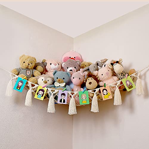 Mingtex Stuffed Animal Net or Hammock – Decorative Macrame Toy Hammocks for Kids Toys, Large Soft Net with LED Start Light String, Wall Hanging Hooks, and Wooden Photo Display Clips, Toy holder