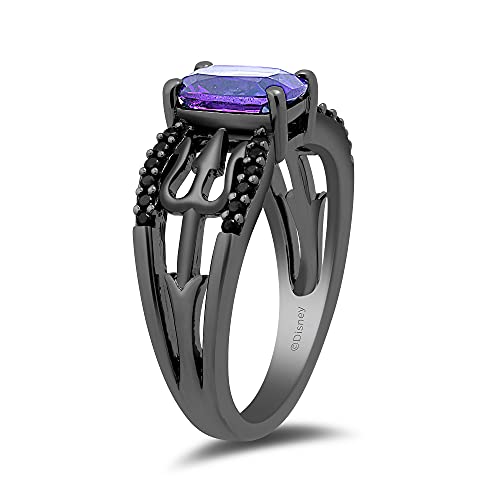 Jewelili Enchanted Disney Fine Jewelry Black Rhodium over Sterling Silver 8x6 MM Cushion Shape Amethyst and 1/5 Cttw Treated Black Round Diamond Ursula Ring, Size 7