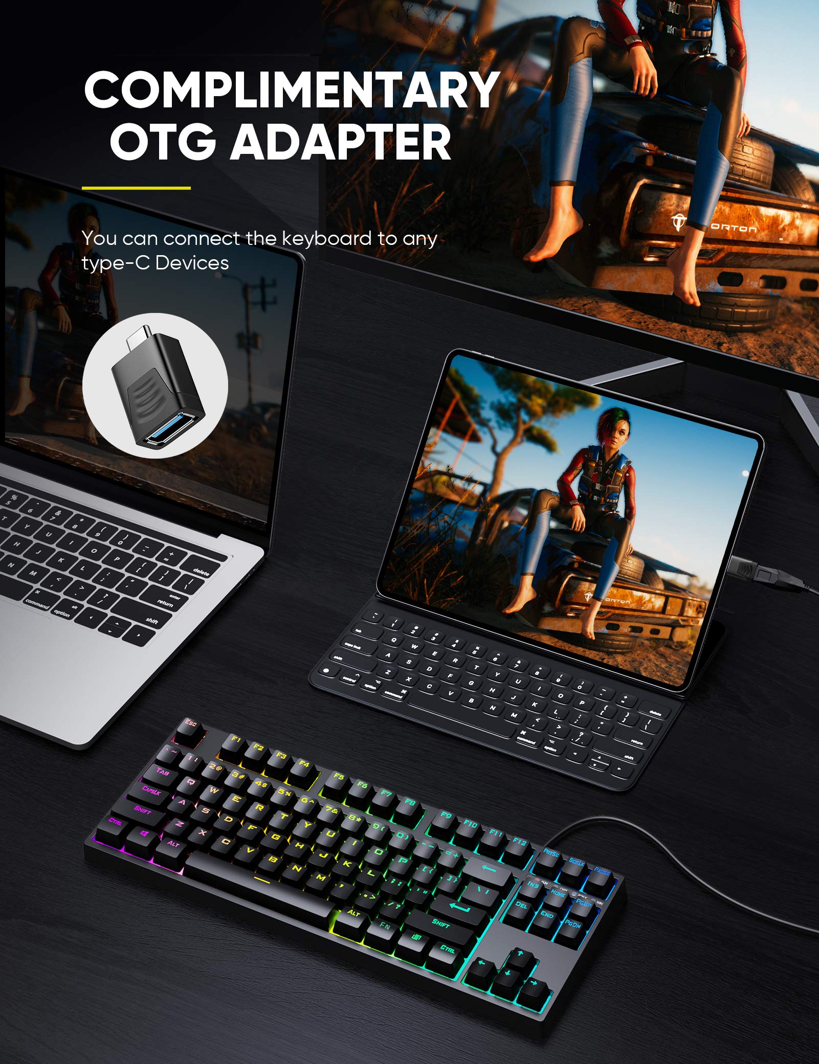 hiwings TKL Mechanical Keyboard, Compact Gaming Keyboard RGB Rainbow Backlit 80% 87 Keys Wired Keyboard with Blue Switches for Windows, Mac with Type C Adapter (Extra OTG) (Black)