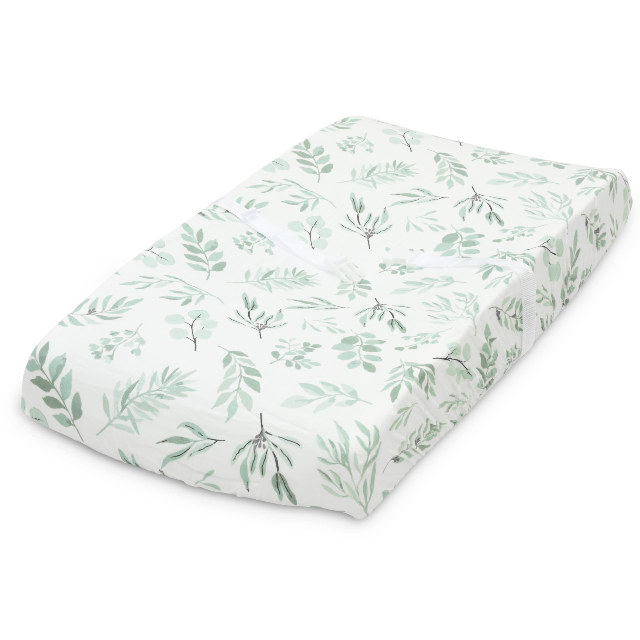 Organic Muslin Changing Pad Cover - Fitted Baby Changing Mat, Soft and Breathable, Eucalyptus Leaves, 16โx32โ