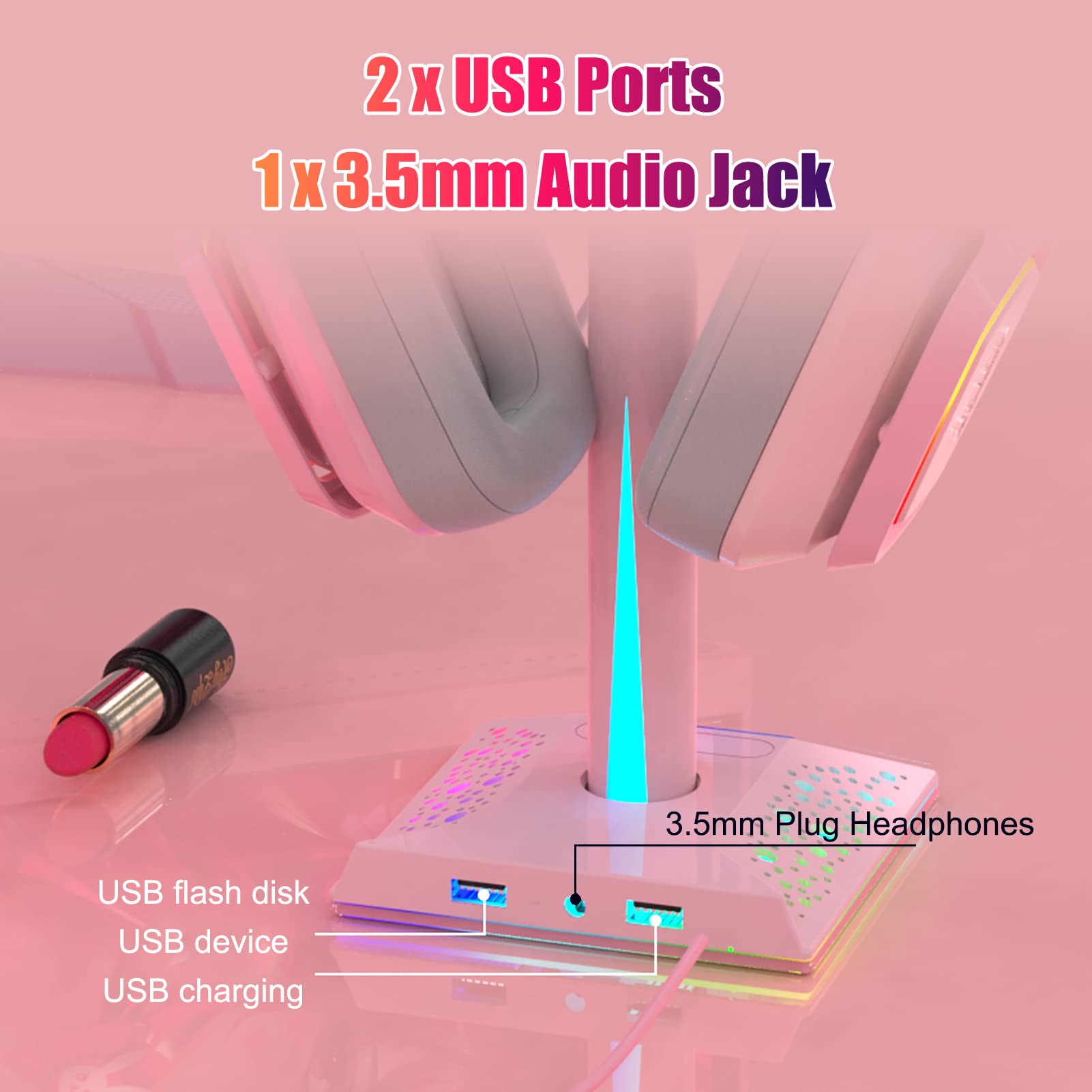 Lomiluskr D9 RGB Headphone Stand with 2 USB Ports, 14 RGB Lighting Effects, Desk Gaming Headset Holder Hanger Rack, Suitable for Gamer Desktop Table Game Earphone Accessories (White)