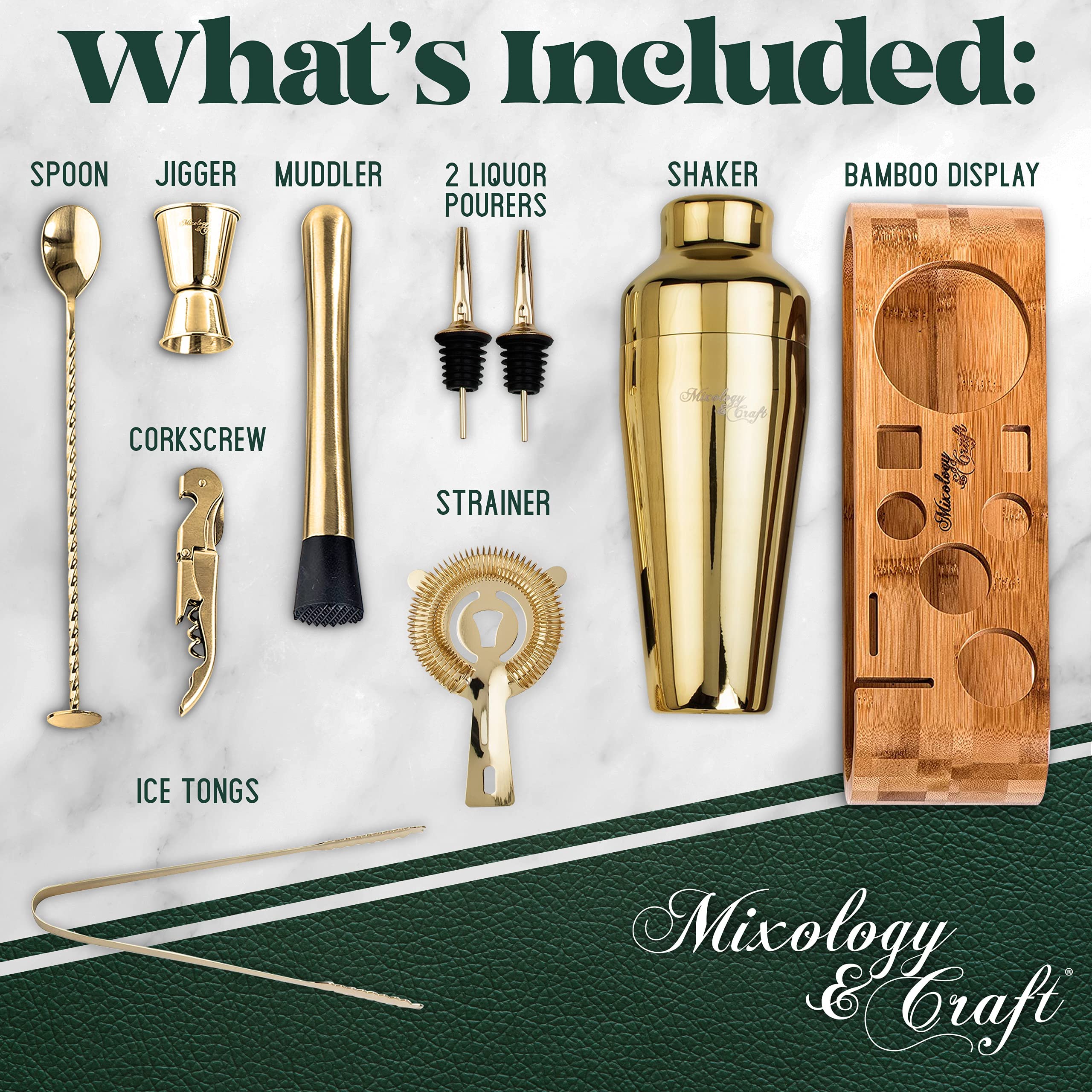 Mixology Bartender Kit: 10-Piece Bar Tool Set with Bamboo Stand | Perfect Home Bartending Kit and Martini Cocktail Shaker Set For a Perfect Drink Mixing Experience | Fun Housewarming Gift (Gold)