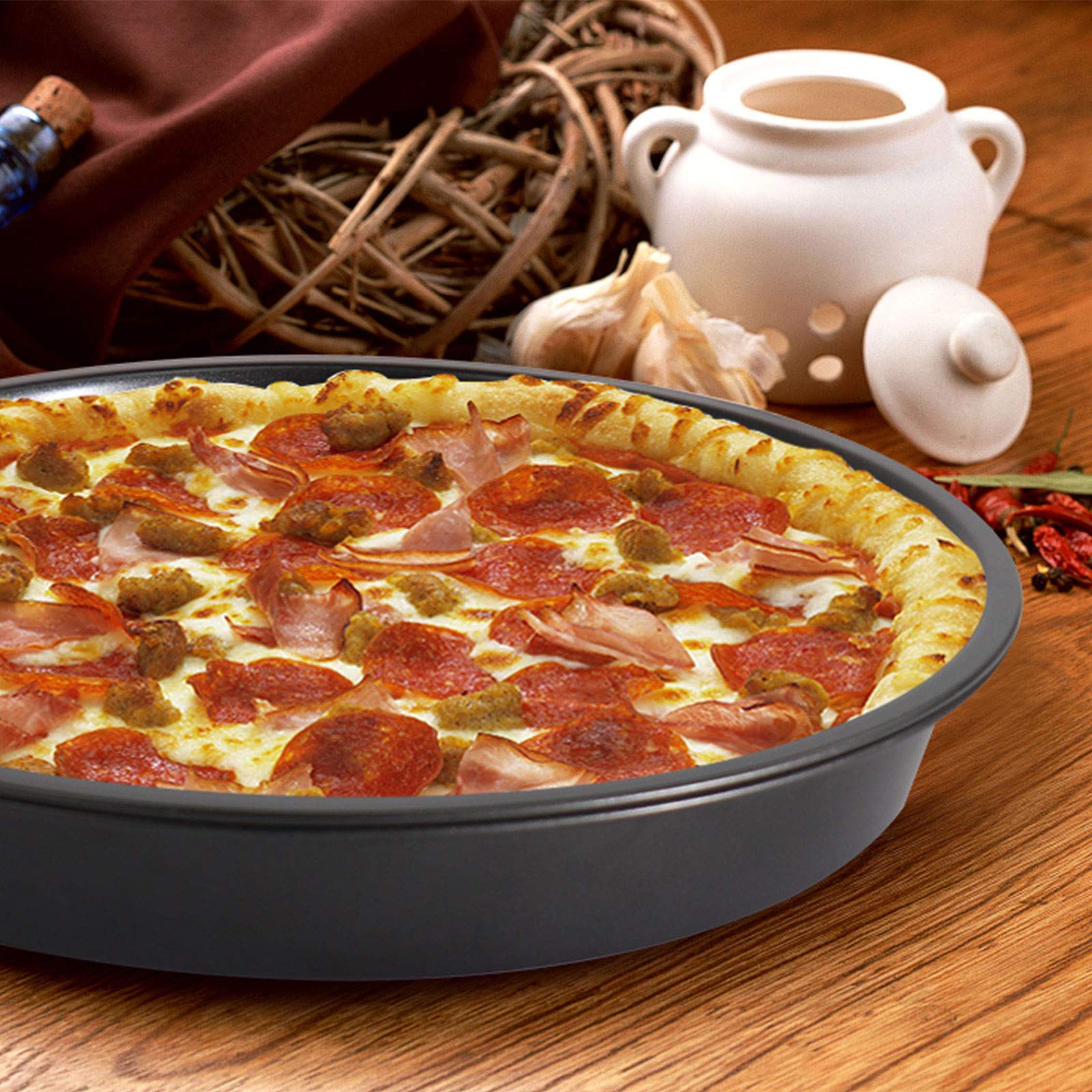 Kslong 2pcs Metal Pizza Plate For Oven Round Bake model Pizza Shop Diy Baking Tools Non-stick Cake Chassis Bakeware Pans(8inch)