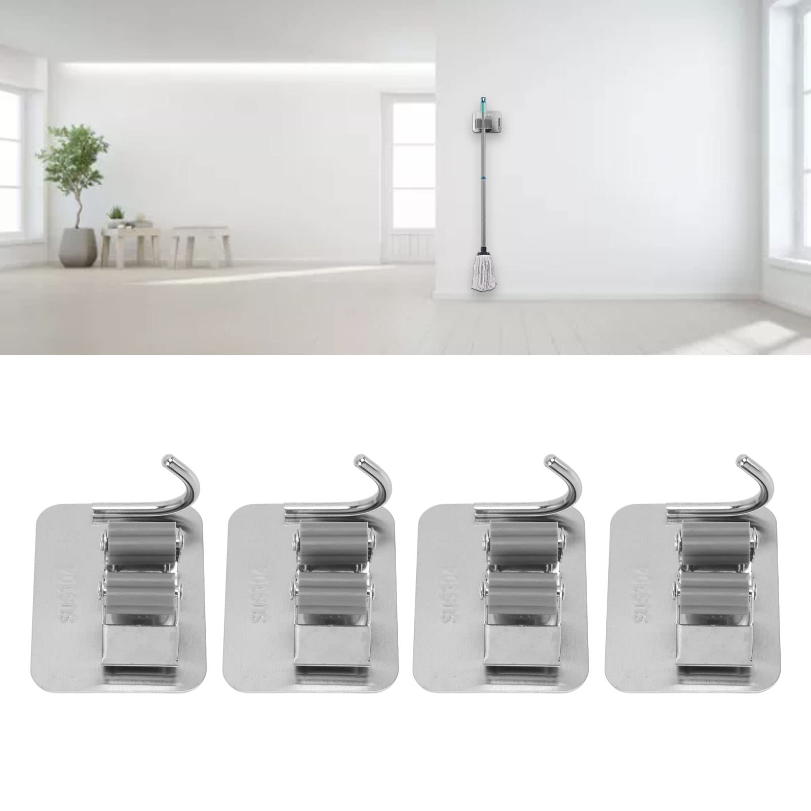 Mumusuki 4Pcs Broom and Mop Holders, Wall Mounted Stainless Steel Garden Tool Organizers with Hooks Multifunctional Mop Hangers for Laundry Rooms, Gardens, Garages