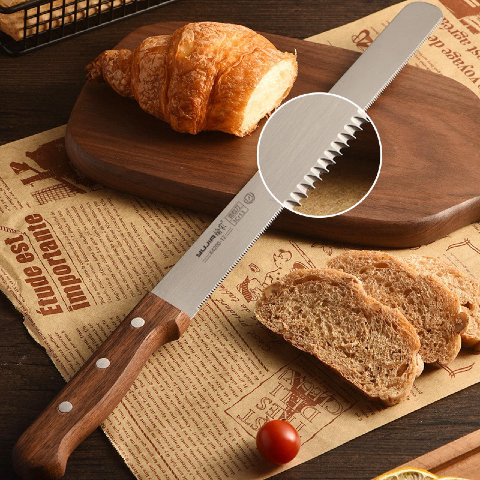 Miyabitors Stainless Steel Bread Knife Baking fine Tooth coarse Tooth Flat Tooth Cake Knife Toast Serrated Slicing Knife 12 inch [fine Teeth]