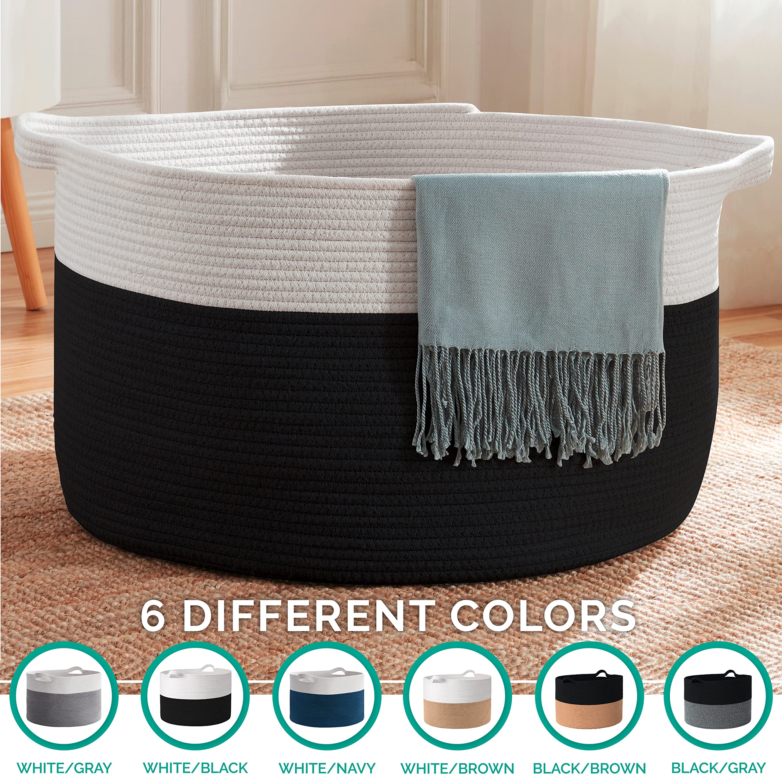 Organizix XXXXL Large Round Cotton Rope Storage Basket Bin Organizer Laundry Hamper with Handles, 21 x 21 x 14, Extra Large Blanket Woven Toy Basket, Black/Brown