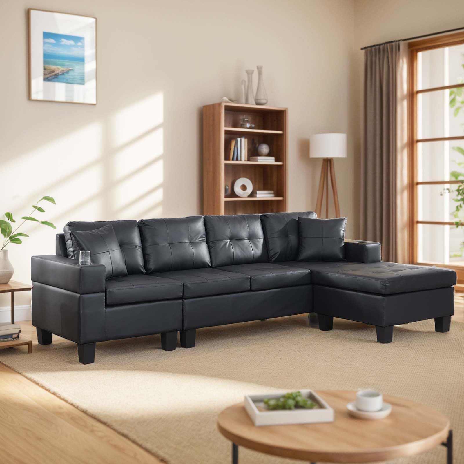 Sectional Sofa with Chaise,PU Sectional Sofa Set with Cup Holder,PU Fabric Sofa Set, Convertible Sectional Sofa,Reversible Sectional Couch for Living Room, L Shaped 4-seat Sectional Sofa Black