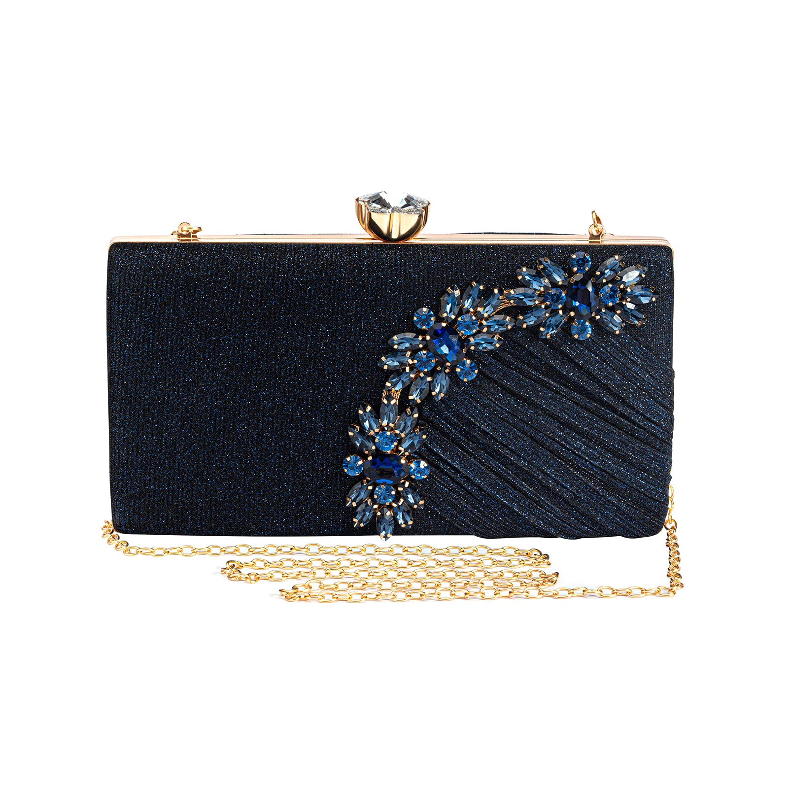 Mulian LilY Navy Blue Evening Bags For Women Glitter Crystal Pleated Bling Clutch Purse With Detachable Chain Strap M262