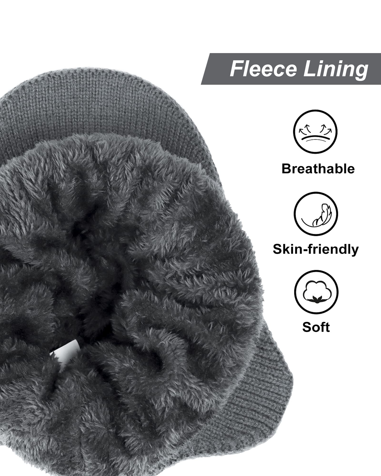 Koreshion Men's Winter Visor Beanie Hat with Earflaps Knit Baseball Cap with Brim Ski Hat Warm Fleece Lined Hunting Hat Grey