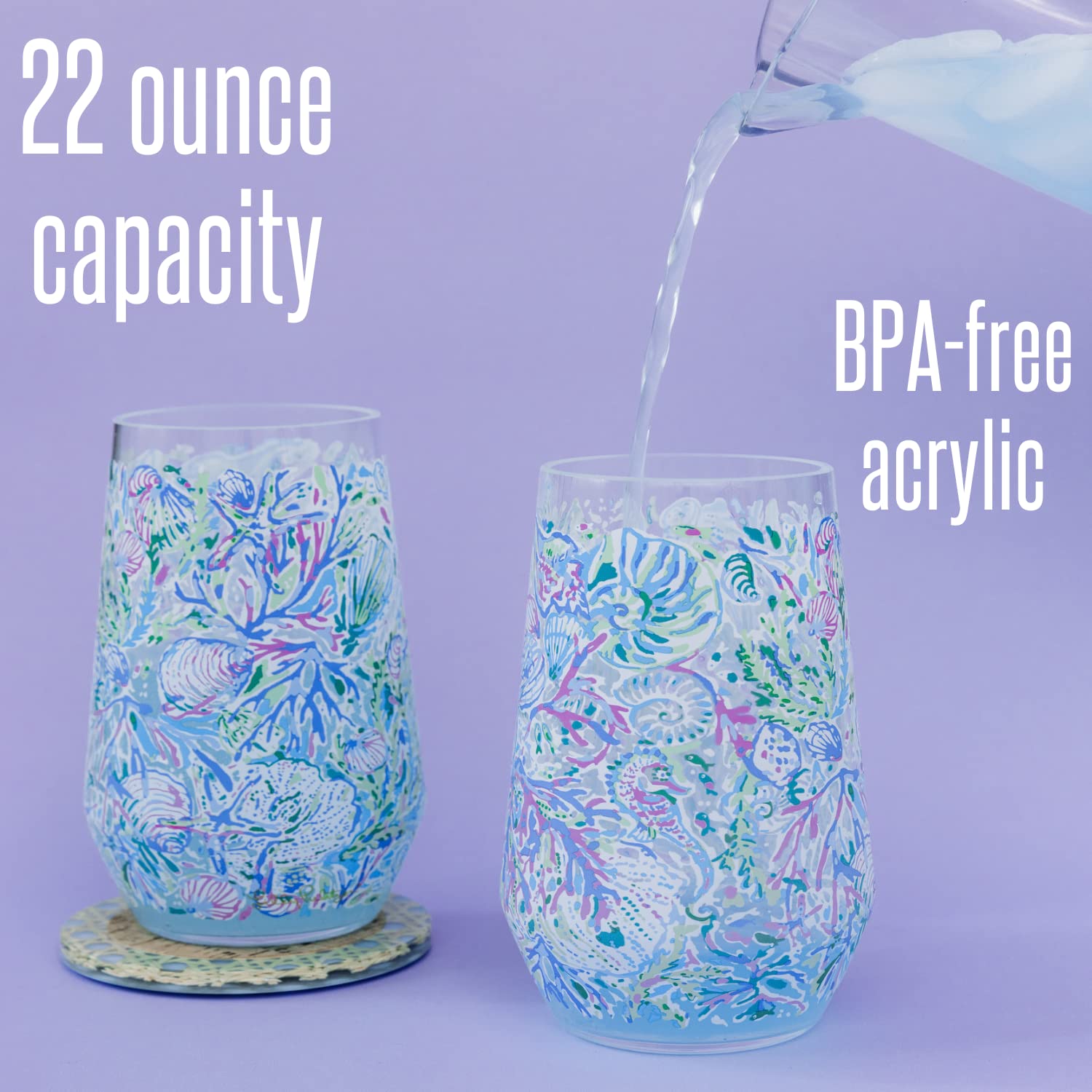 Lilly Pulitzer Stemless Wine Glass Set of 2, Large Acrylic Wine Glasses, 22 Ounce Plastic Cocktail Cups for Indoor/Outdoor, Soleil It On Me