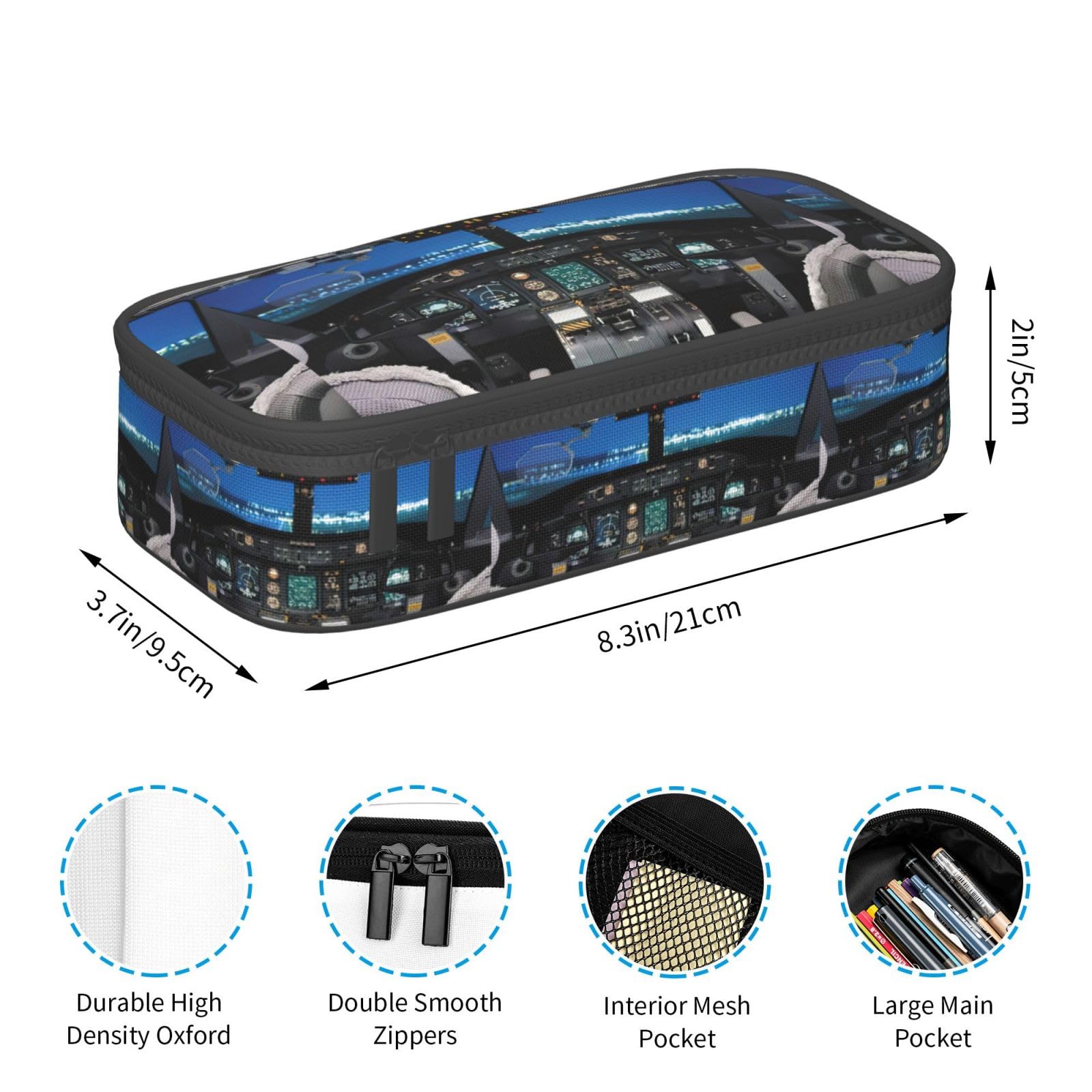 SDFHU Airplane Cockpit Print Multifunctional Pencil Case Stationery Storage Bag Supplies Cosmetic Items Adults, Black