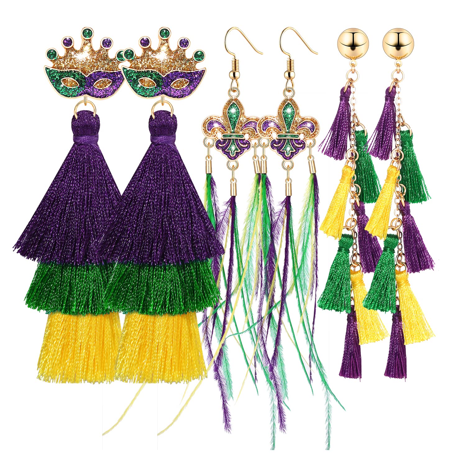 Mardi Gras Earrings Set Long Purple Green Gold Tassel Feather Mask Fleur De Lis Dangle Earrings for Women (3 pairs Mardi gras earrings set)