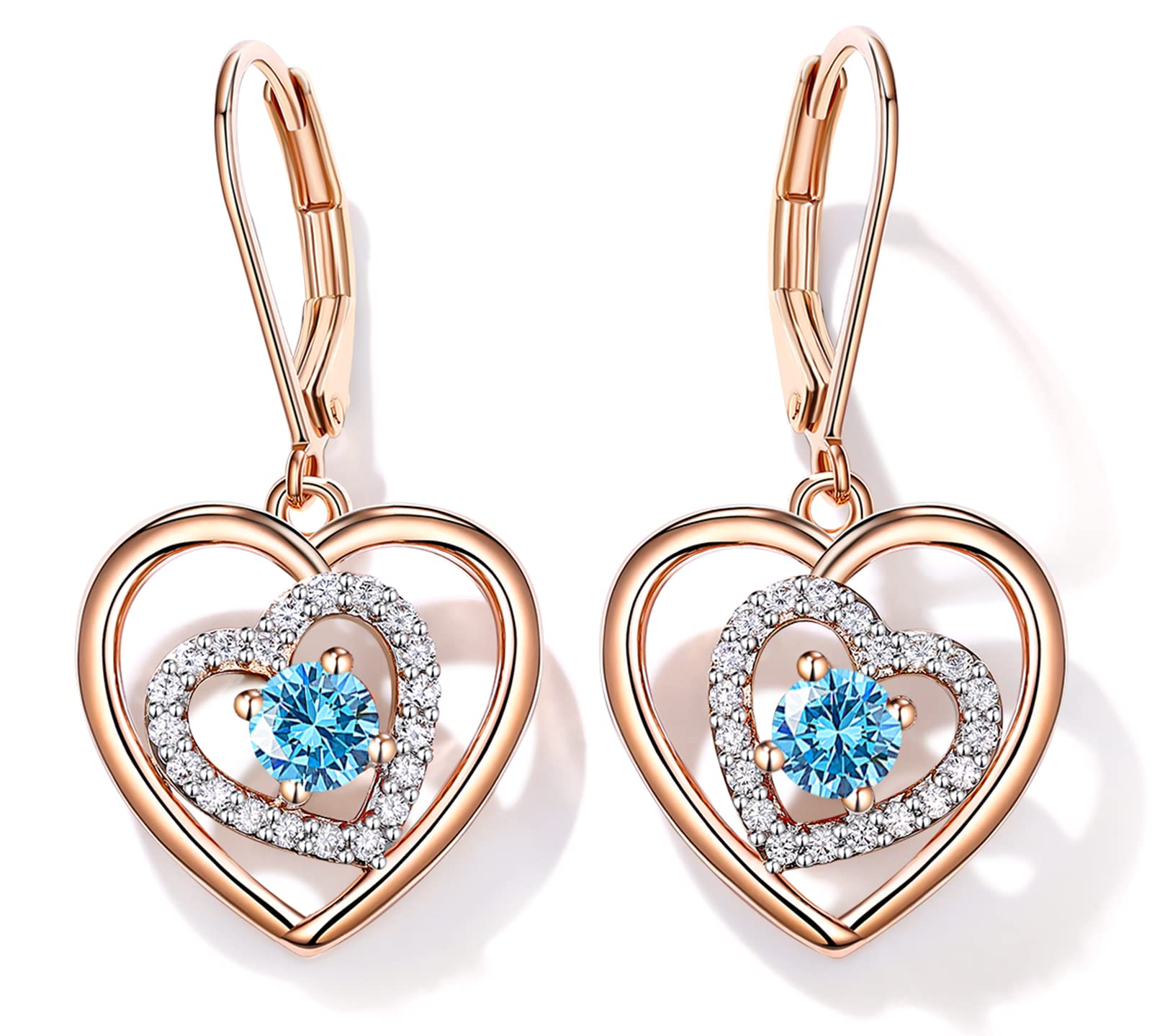 JD&P Forever Love Heart Drop Dangle Earrings Set for Women, Rose Gold Tone 18k Gold Plated with Birthstone Zirconia, Valentines Day Mothers Day Birthday Christmas Gift Ideas for Mom Daughter Grandma