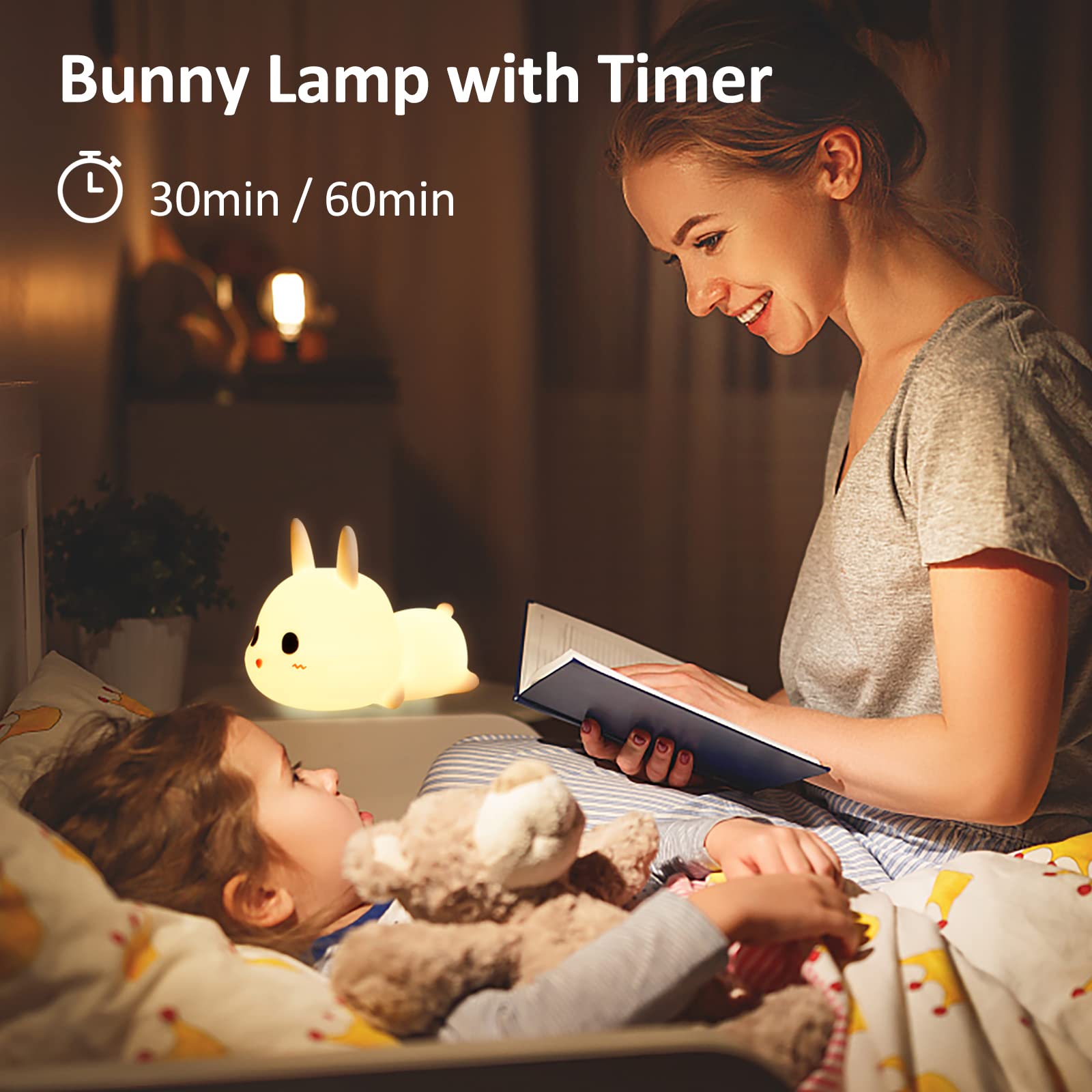 Qrbsi Cute Night Light for Kids, Bunny Night Light with Warm Light & Dimmable, Tap Control Kids Night Light with Timer, Rechargeable Toddler Night Lights, Kawaii Bunny Lamp for Room Decor