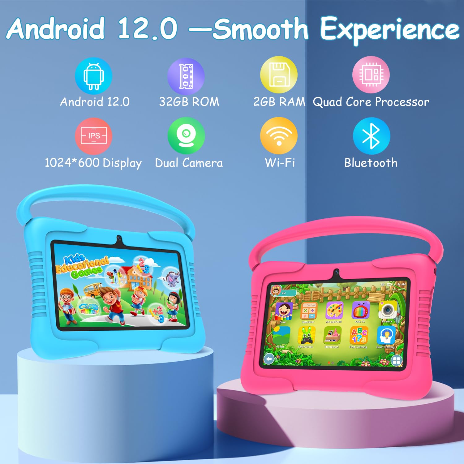 Kids Tablet, 7 Inch Tablet for Kids, Android 12.0 Parental Control Kid Content Tablet, 2GB 32GB(SD to 128GB), Eye Protection Mode, Dual Camera, WiFi, Google Store, Case with Stand, Blue