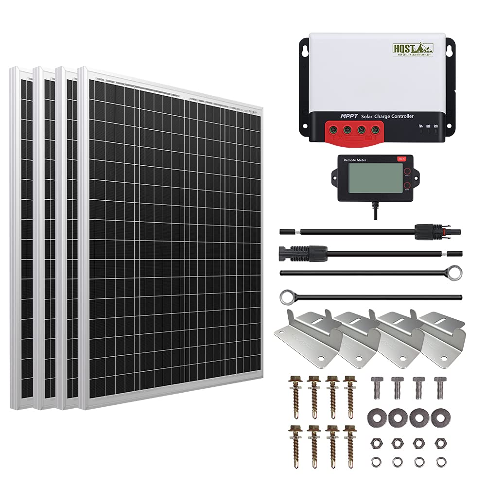 HQST 400W Polycrystalline Solar Panel Kit-4 100W Panels+40A MPPT Controller+4 Sets Z Bracket+20ft 12AWG PV Cable+8FT 10AWG Tray Cable+1 LCD display for RV Marine Trailer Off Grid System