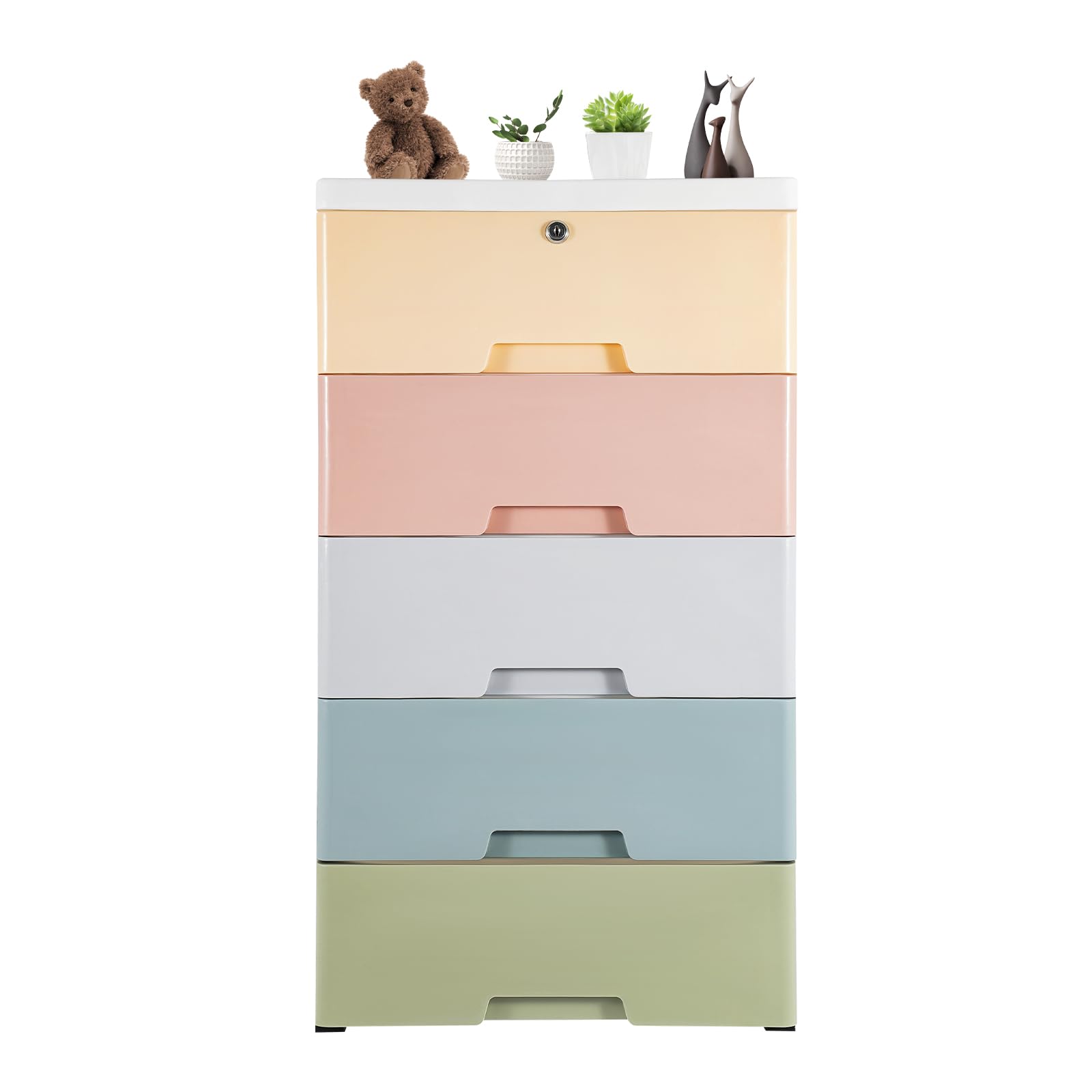 Pxolerig Plastic Drawers Dresser, Storage Cabinet with 5 Drawers,Closet Drawers Tall Dresser Organizer for Clothes,Playroom,Bedroom Furniture, Large Containers Organizer Unit(Macaron Color)