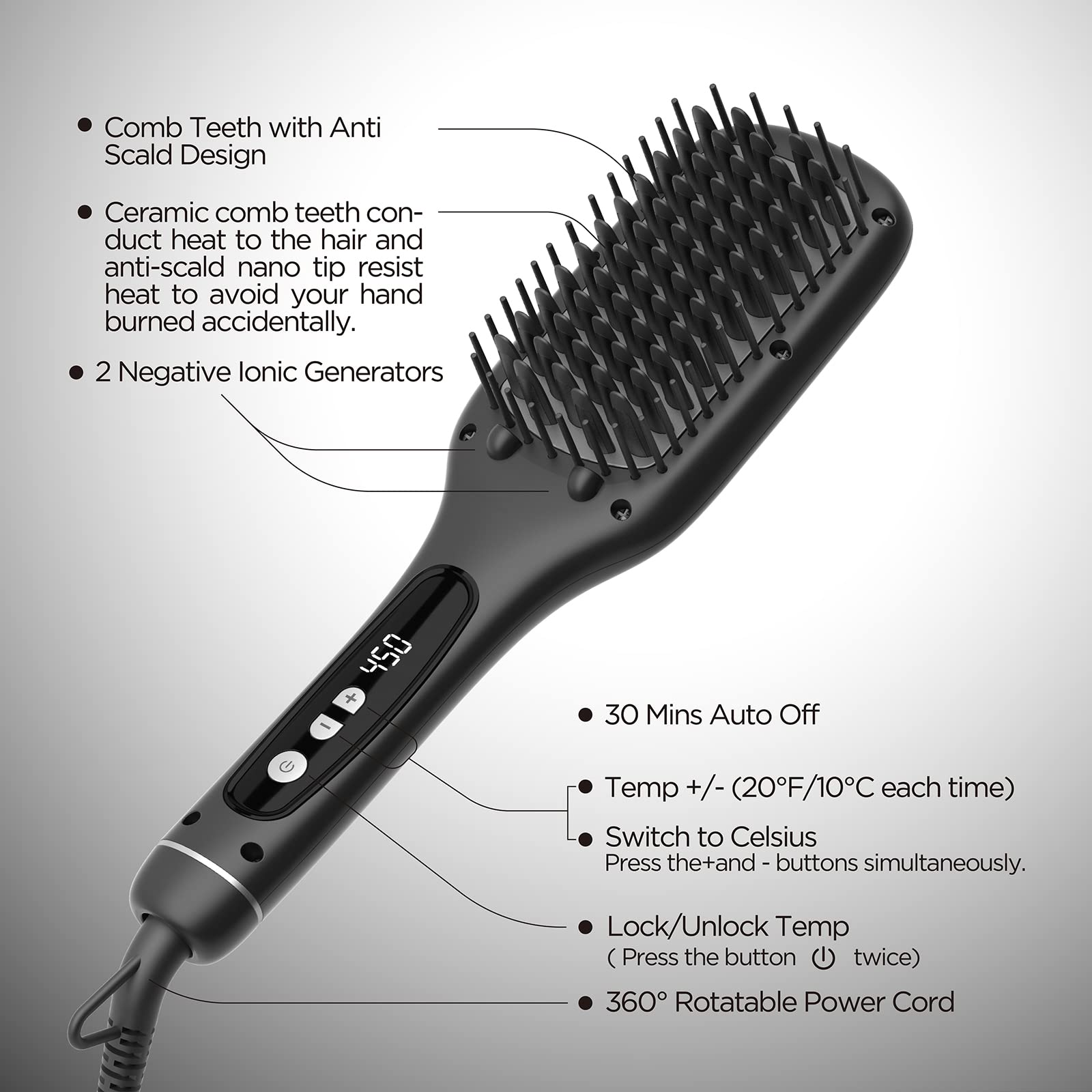 Hair Straightener Brush, Askera Negative Ion Ceramic Straightening Brush with 14 Temp Settings, Anti-Scald Feature & Temperature Lock & Auto-Off Function, Elecric Hot Comb for Women (black)