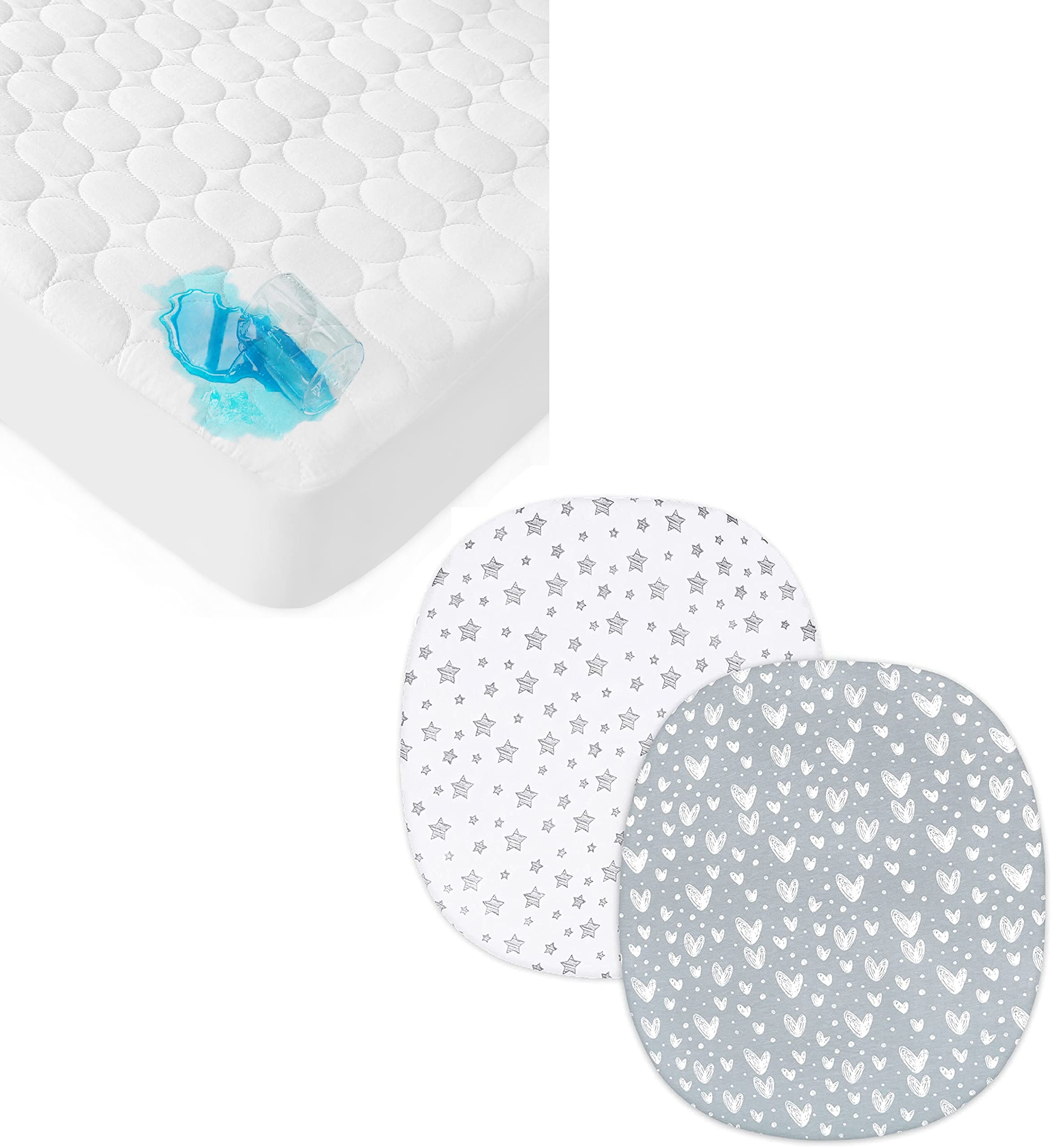 Mini Crib Mattress Protector Sheets Fitted Waterproof 38"x24" & Bassinet Fitted Sheets Compatible with Graco Pack ‘n-Play Dome LX Bassinet(not playard), 2 Pack