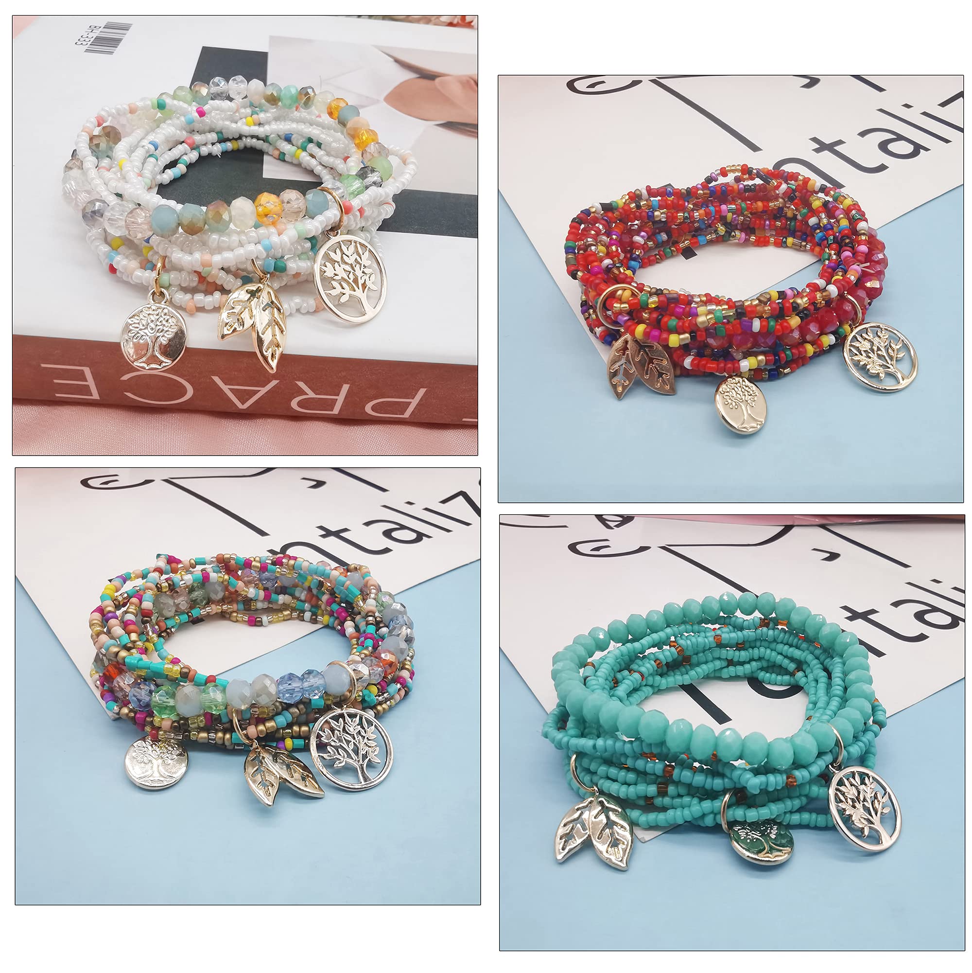 Jewdreamer 9 Pack Bohemian Beaded Bracelets for Women Boho Stackable Multilayer Stretch Bracelet Set Charm Tassel Pendant Acrylic Beaded Tree of life Statement Bangles