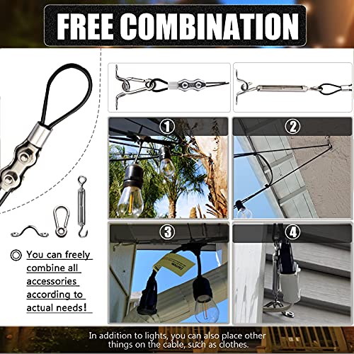 NEREUS String Light Hanging Kit with 164 Ft Nylon Coated 304 Stainless Steel Wire Rope, String Light Suspension Kit, Guide Wire with Turnbuckles and Hooks for Patio, Backyard Lighting Accessories