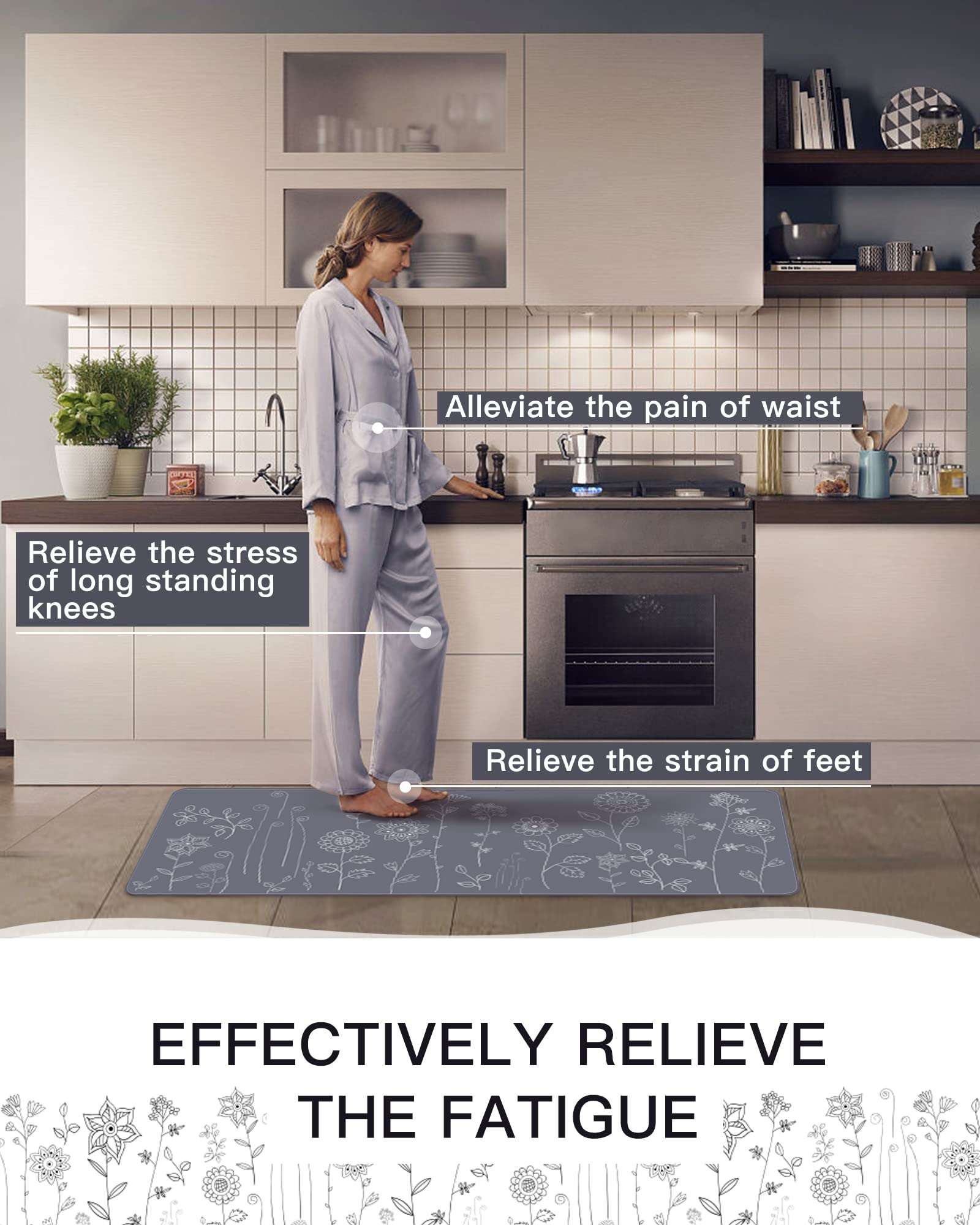Kitchen Rugs and Mats Cushioned Anti Fatigue, WHTOR 2 PCS Non Skid Kitchen Runner Rugs, Waterproof Memory Foam Kitchen Floor Mat, Standing Desk Mat for House, Sink, Office, Kitchen (Gray)