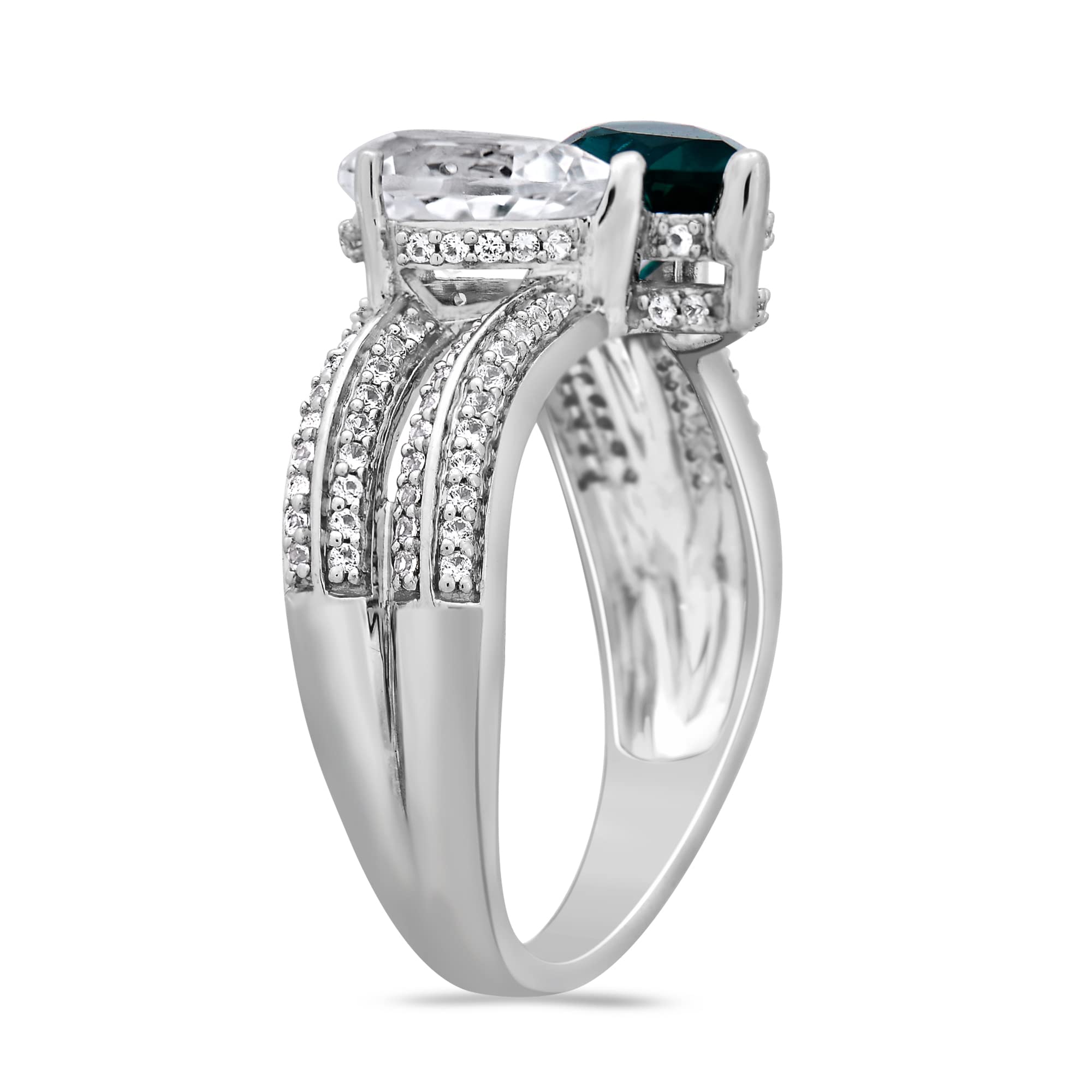 Jewelili Sterling Silver 8x5 MM Pear Shape Created White Sapphire and Emerald with Round Created White Sapphire Megan Fox’s Engagement Ring Size 8