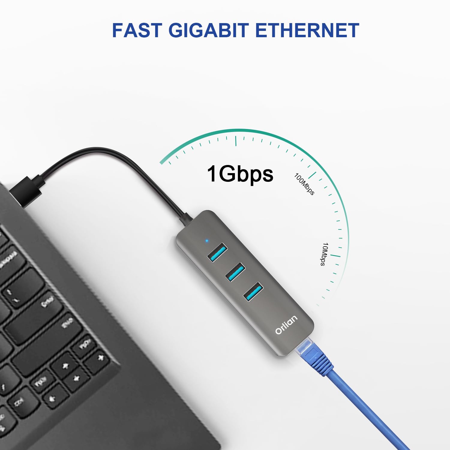 Orlian USB to Ethernet Adapter, USB 3.0 Hub with RJ45 1Gbps Ethernet Port Slim Multiple Ports 4-in-1 USB Splitter for MacBook Air 2017 iMac Acer HP Surface Dell Lenovo [Charging NOT Supported]