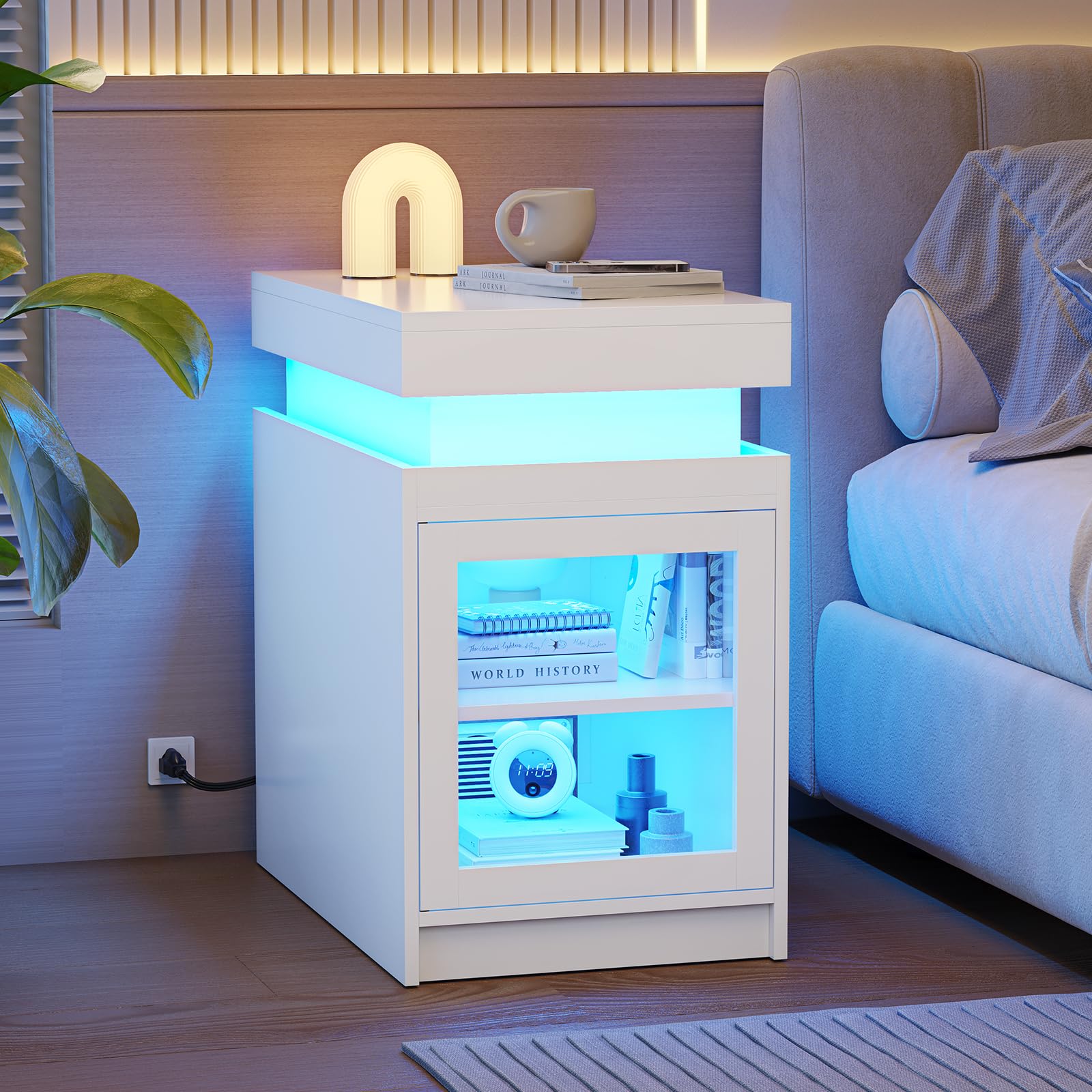 SEDETA End Table with Charging Station, Narrow Side Table with Sliding Top Storage for Small Spaces, Nightstand with Storage Shelves and LED Lights for Bedroom, Bedside Table for Living Room, White