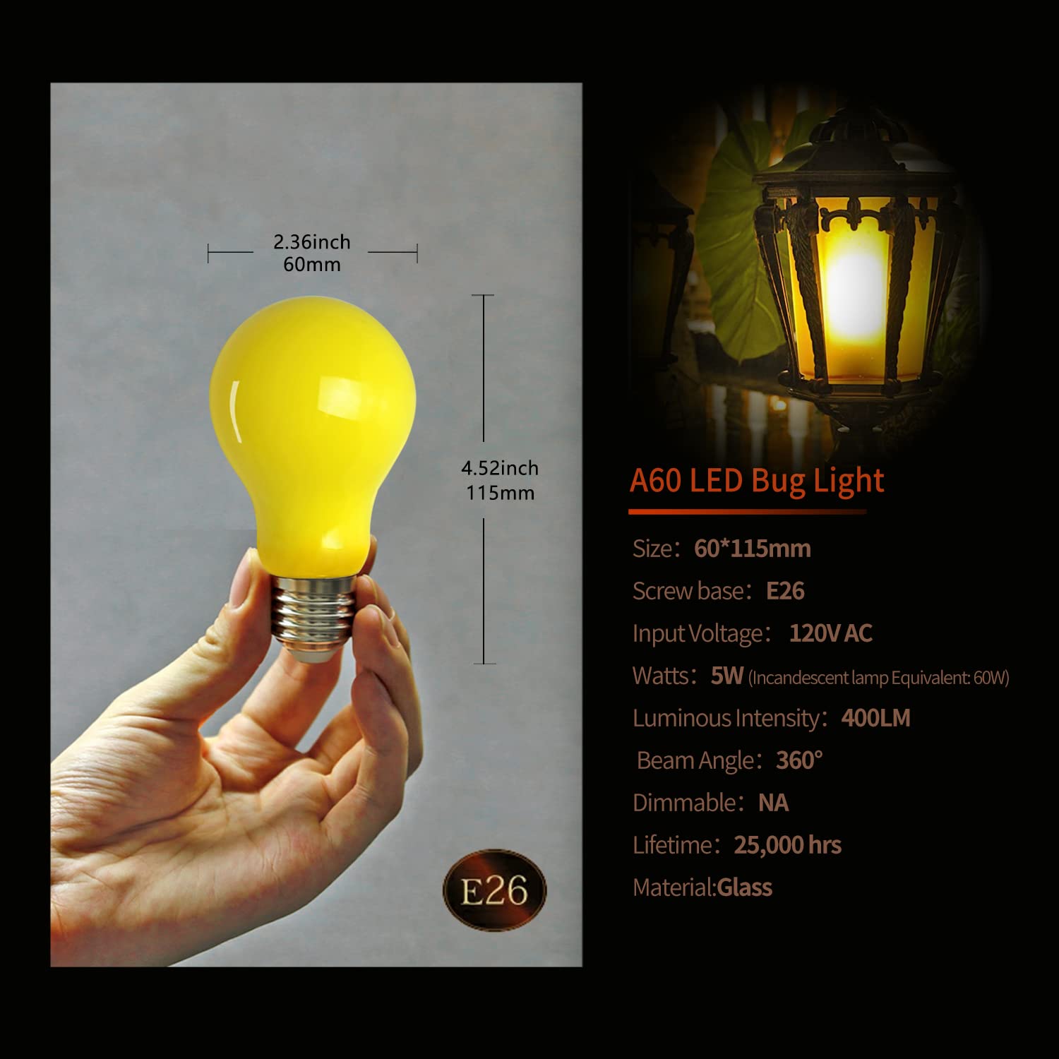 Kiraralite A19(A60) LED Bug Free Light Bulb, Yellow Color Bug Light Bulb with Warm Light, E26 Medium Base for Outdoors/Indoors, 120V, 5W, (2Pack)