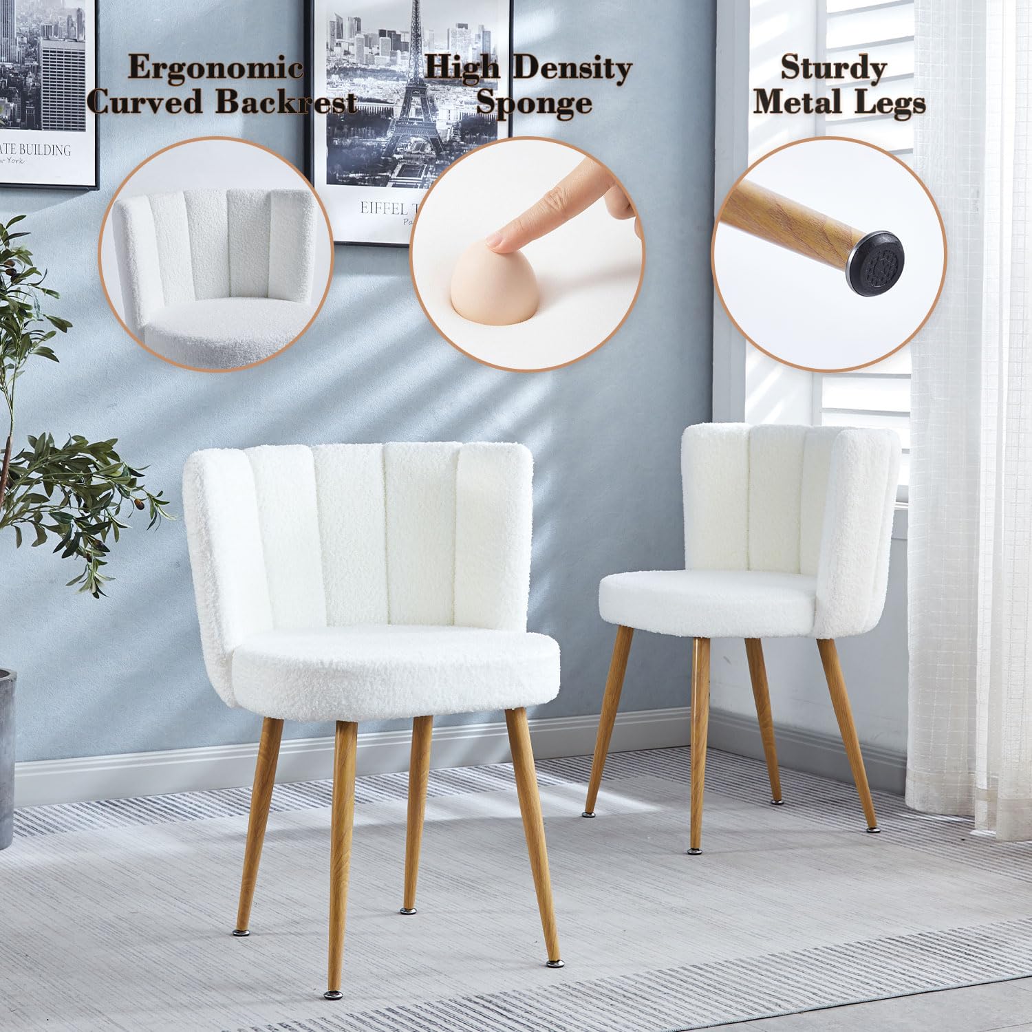 HAIZAO Modern White Boucle Dining Chairs Set of 4, Curved Backrest Upholstered Kitchen Dining Room Chairs, Mid-Century Dining Chair with Metal Legs
