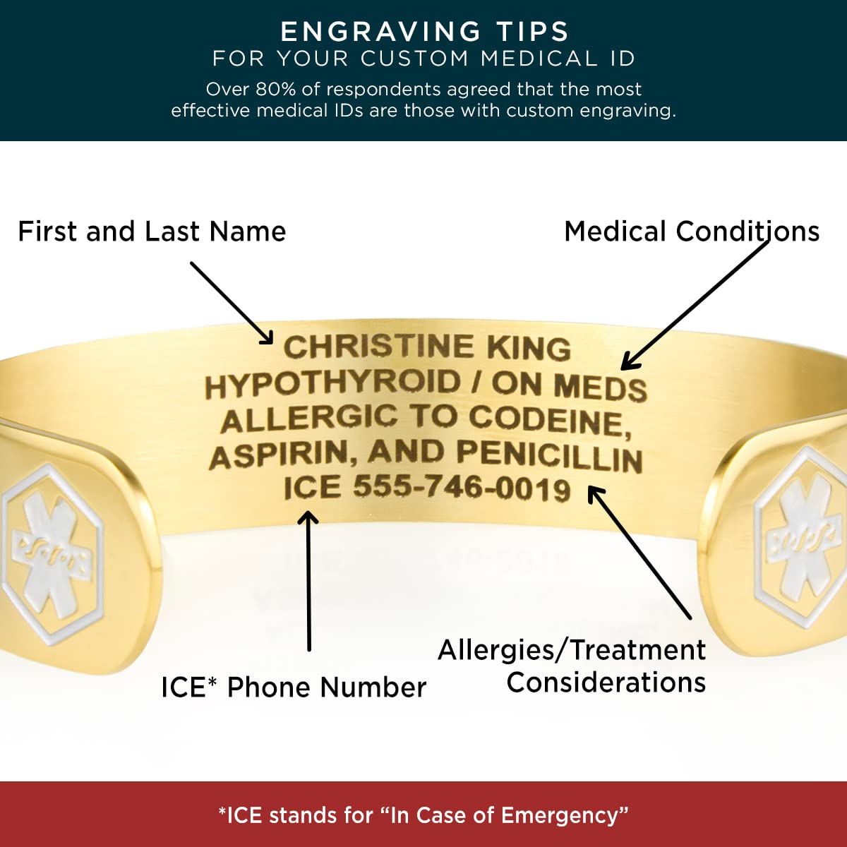 Lauren's Hope Custom Engraved Medical ID Cuff Bracelets for Women, Rose Gold, Silver and Gold (Gold Tone)