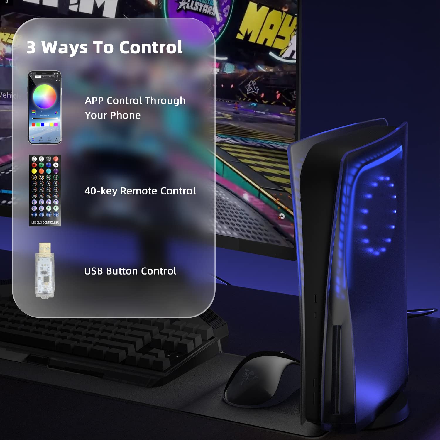 Mytrix Black Faceplates for PS5 Disc Edition + RGB LED Light Strips Kit and White Remap Kit for PS5 Controller